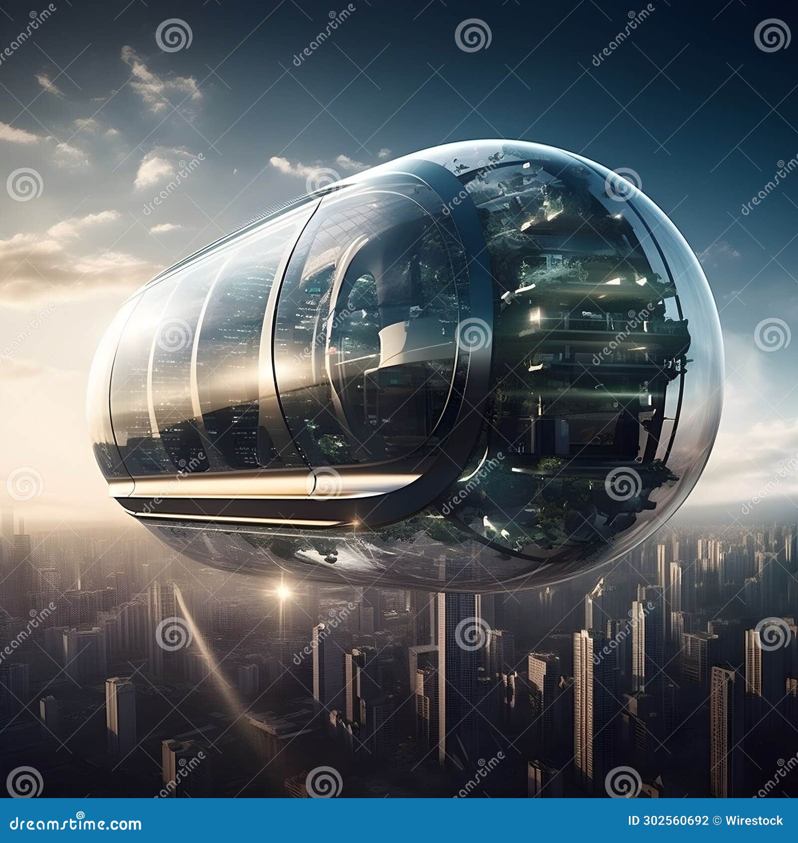Bustling Cityscape Featuring a High-tech Air Pod Hovering Above the ...