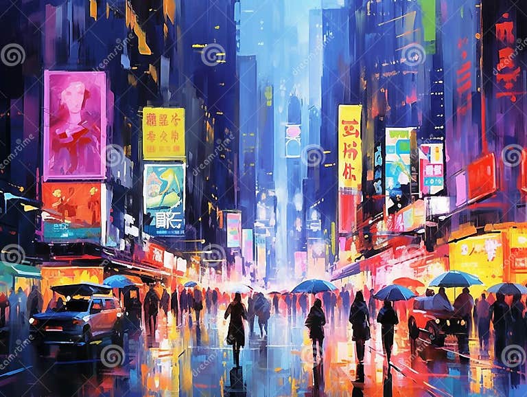 Bustling Cityscape at Night, with Towering Skyscrapers Adorned with ... Bustling Cityscape at Night, with Towering Skyscrapers Adorned with ...
