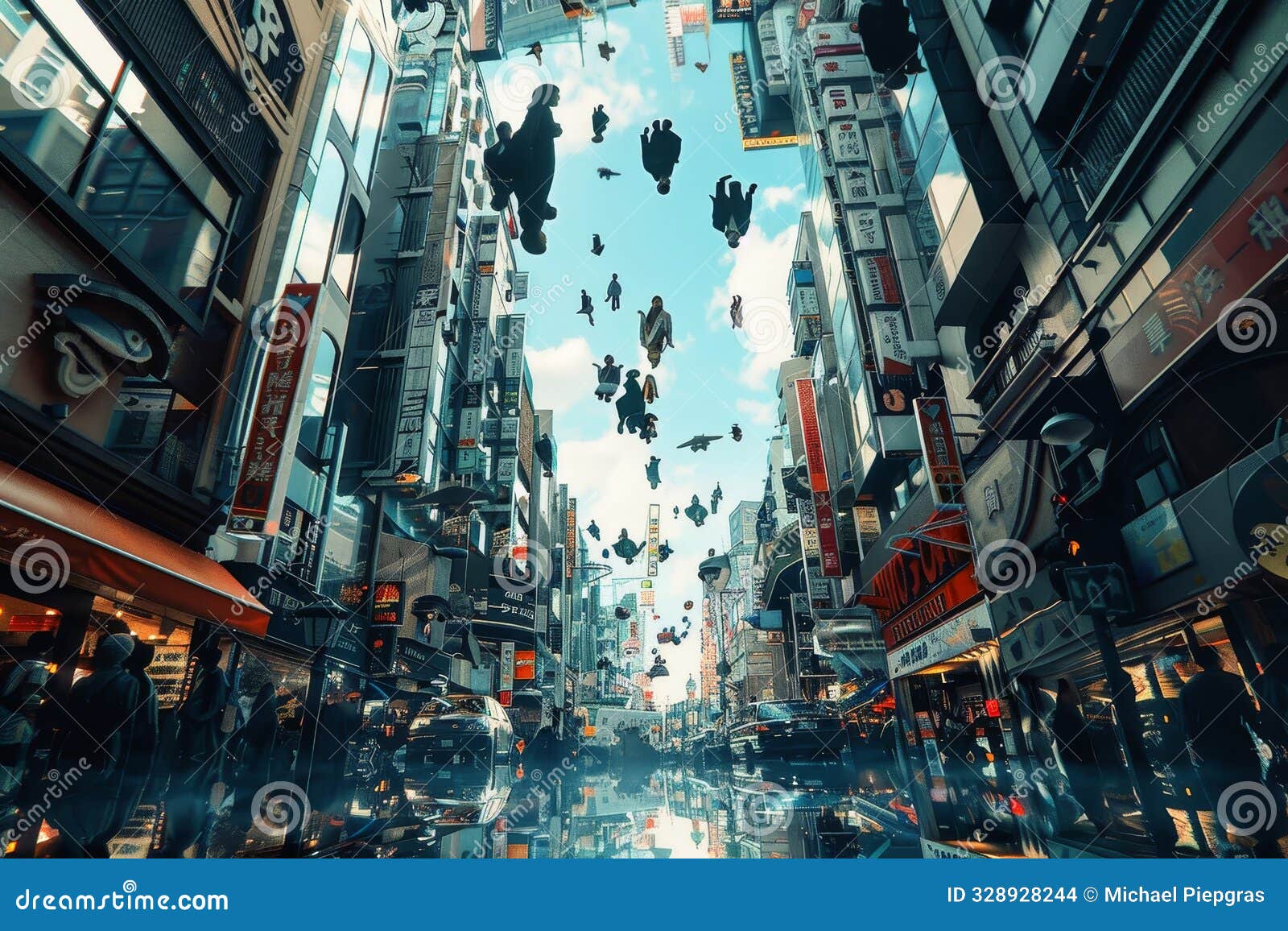 A Bustling Cityscape Where People and Objects Defy Gravity Floating ...