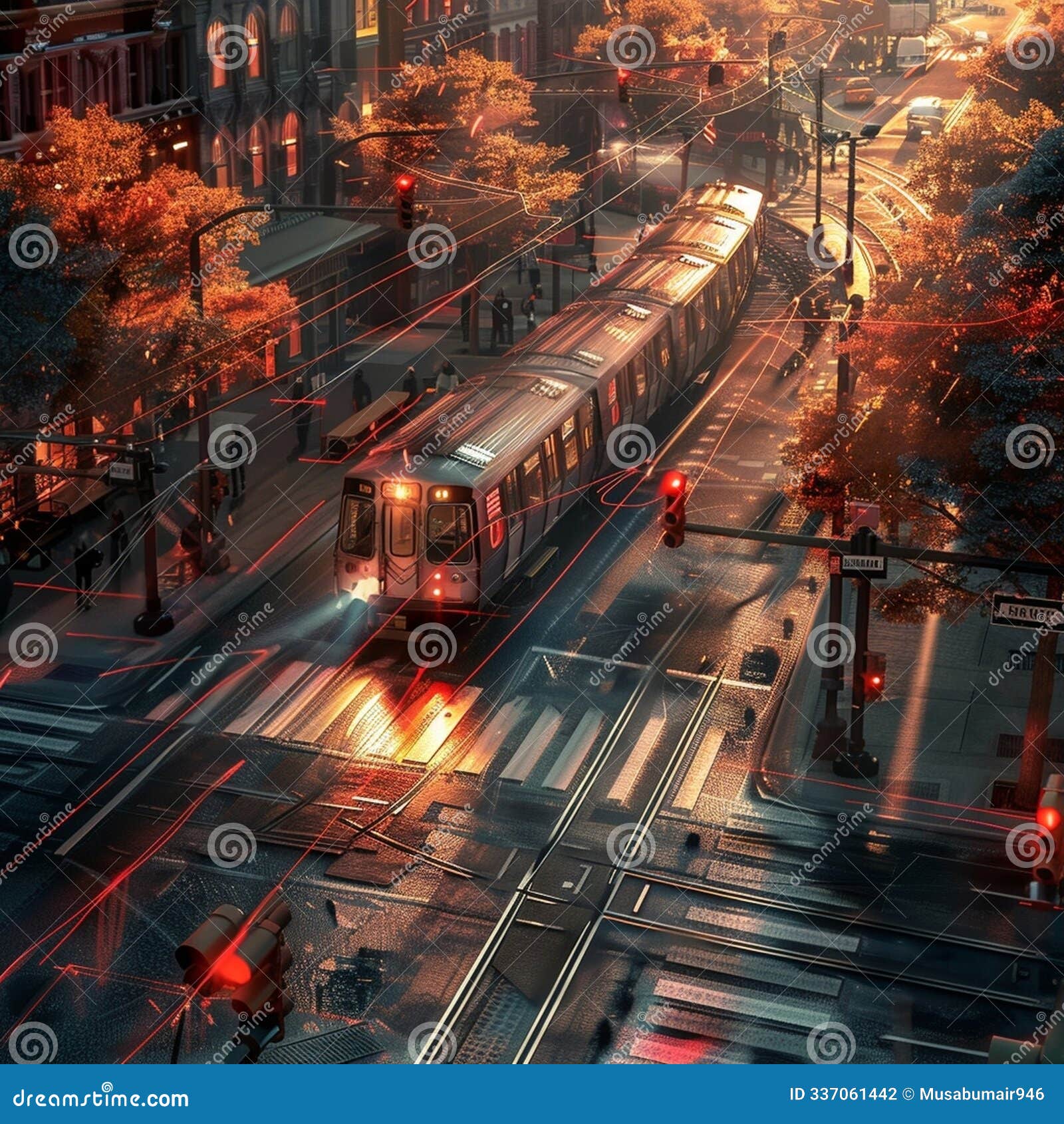 Bustling Commuter Train Navigates a Busy Intersection, Symbolizing ...