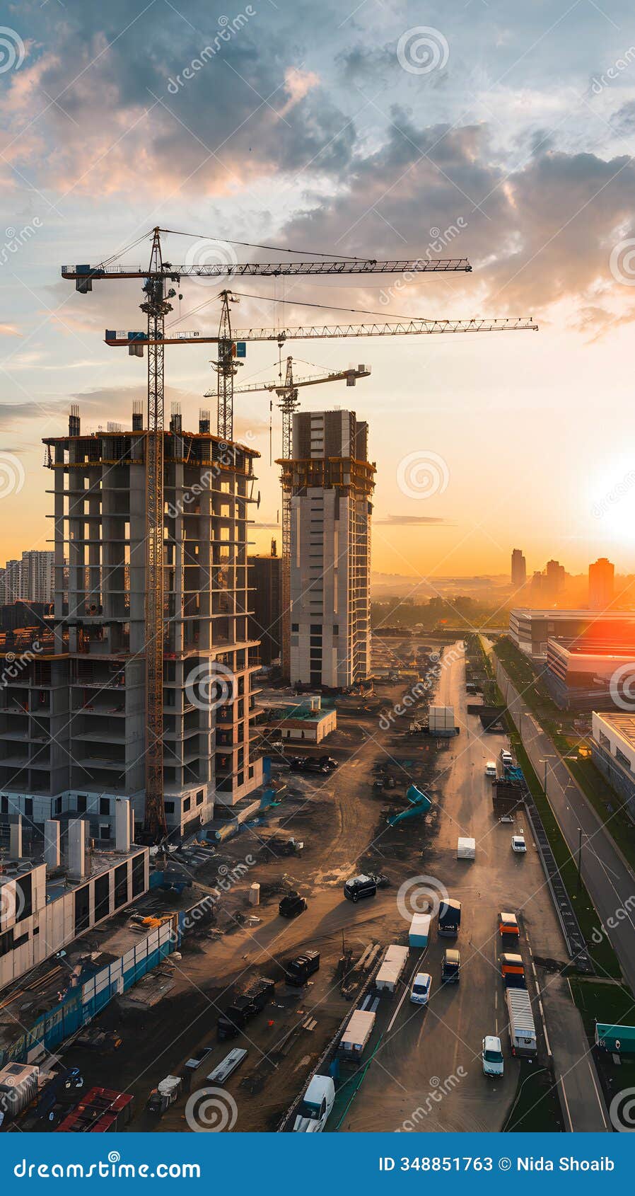 Bustling Construction Site at Sunset with Cranes and Silhouettes of ...