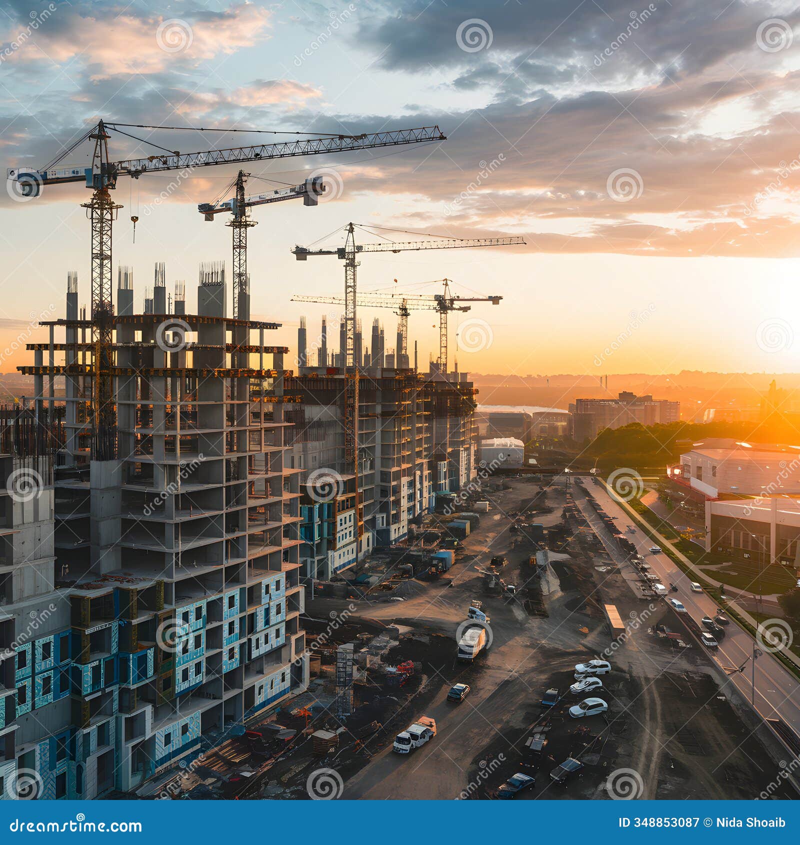 Bustling Construction Site at Sunset with Cranes and Silhouettes of ...