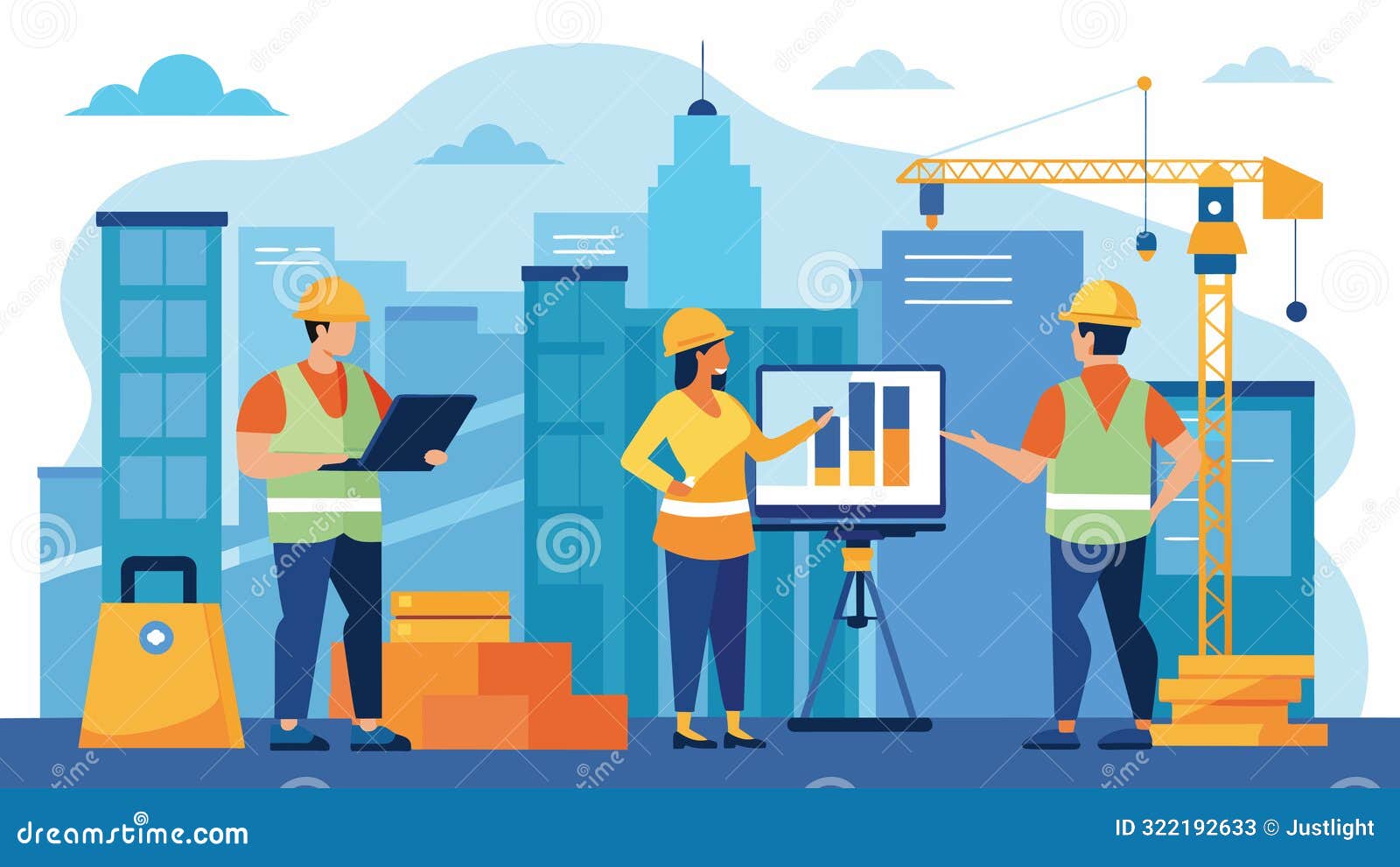 On a Bustling Construction Site a Team of Workers Uses BIM To Virtually ...