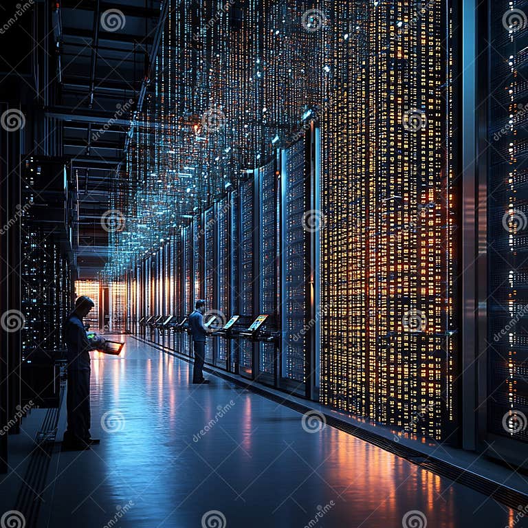 Bustling 3D Data Center with Illuminated Server Racks and Cascading ...