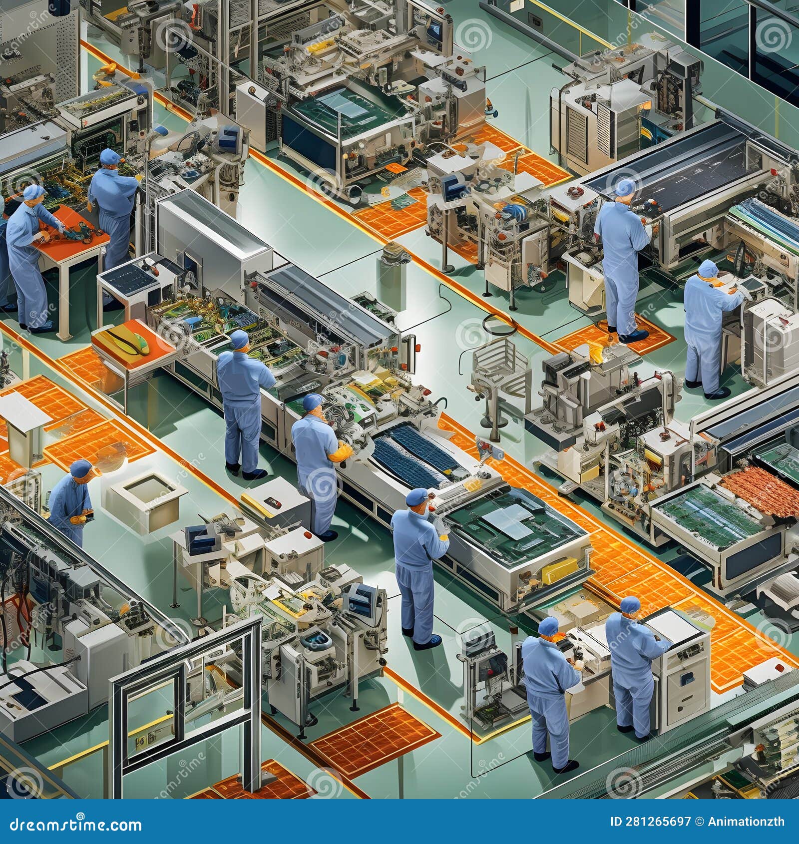 A Bustling Factory Floor with Workers in Safety Gear Operating ...