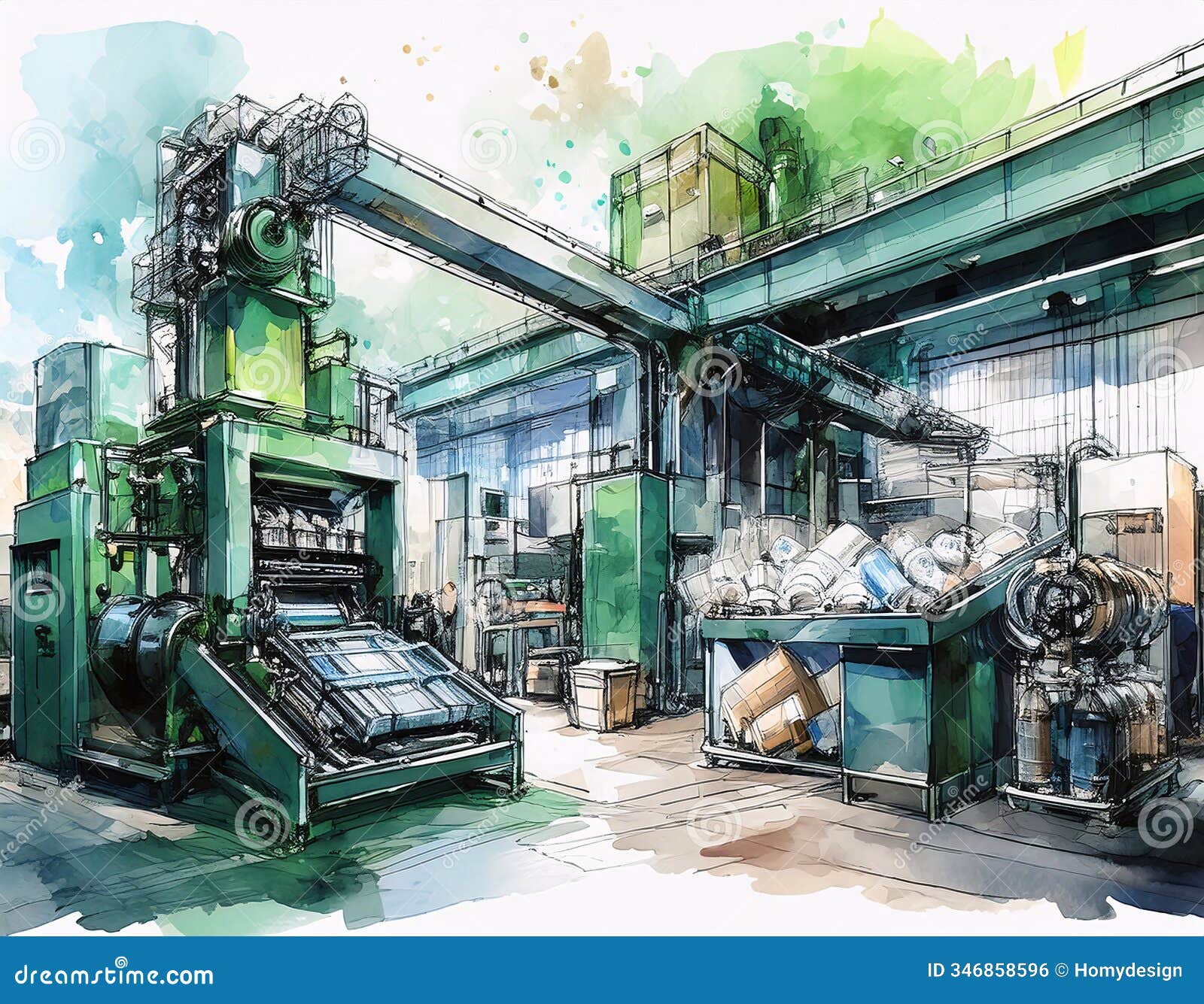 A Bustling Factory Scene with a Large Machine Processing Plastic Waste ...