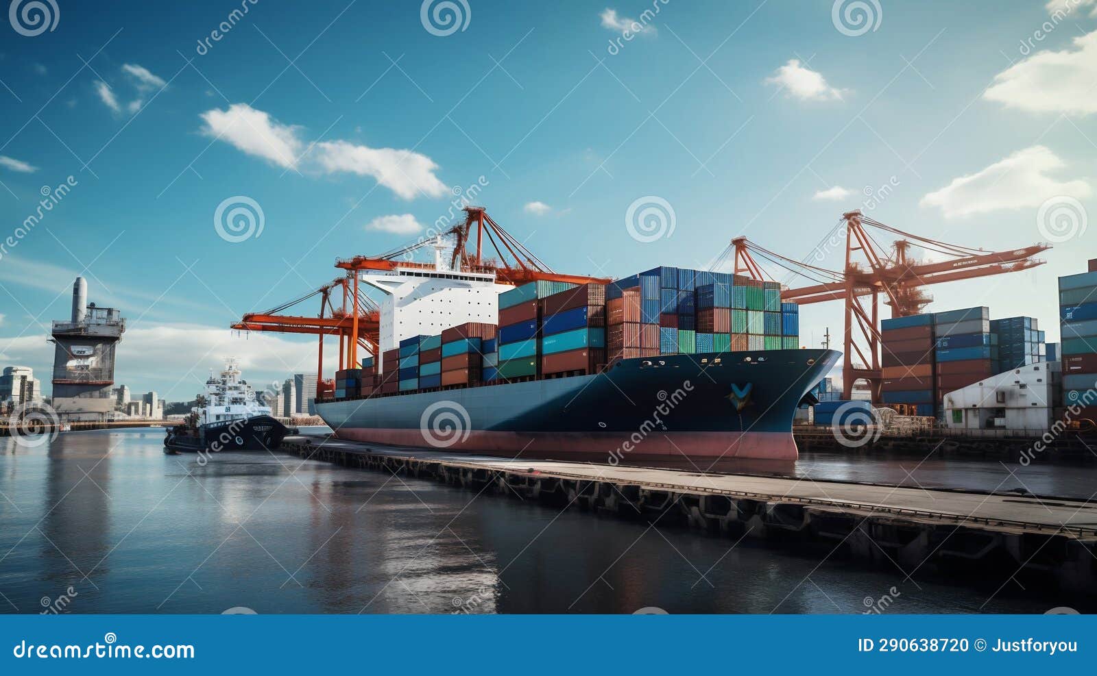 Bustling Hub: Seaport with Moored Cargo Ship. Generative Ai Stock ...