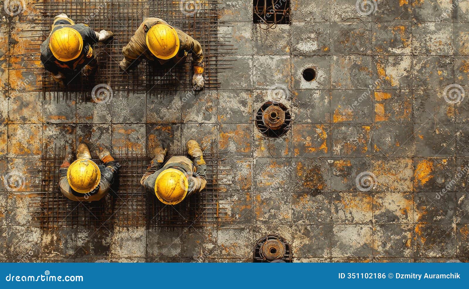 On a Bustling Job Site, a Group of Workers in Safety Equipment Uses ...