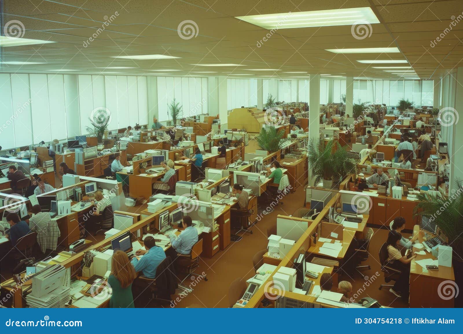 A Bustling Office Environment with Numerous Workstations and Computer ...