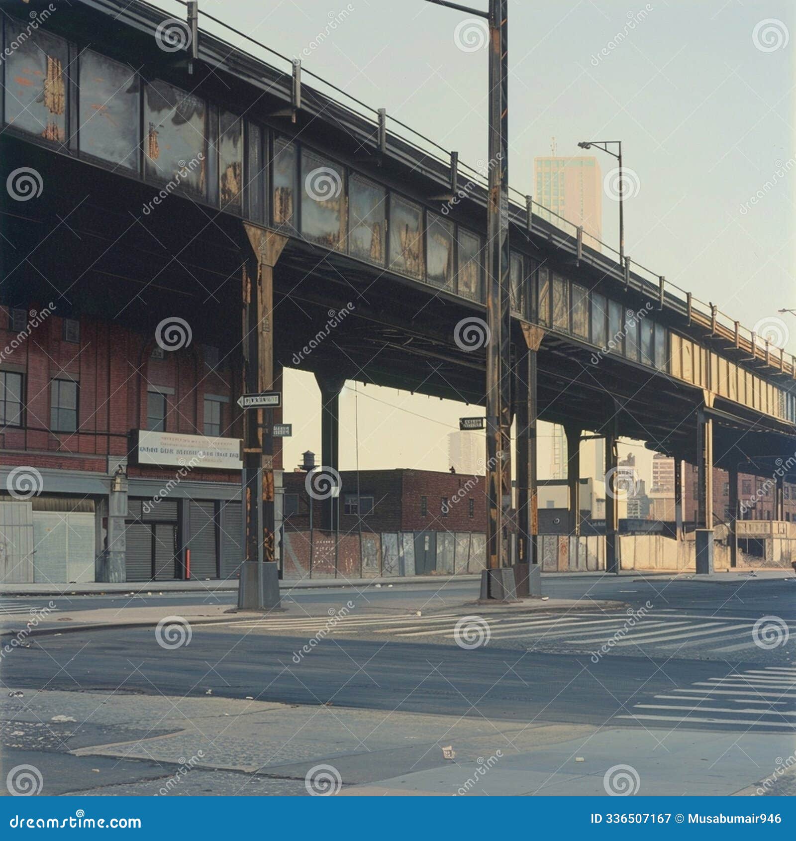 Bustling Street Corner with a Grand Bridge Arching Overhead Stock ...