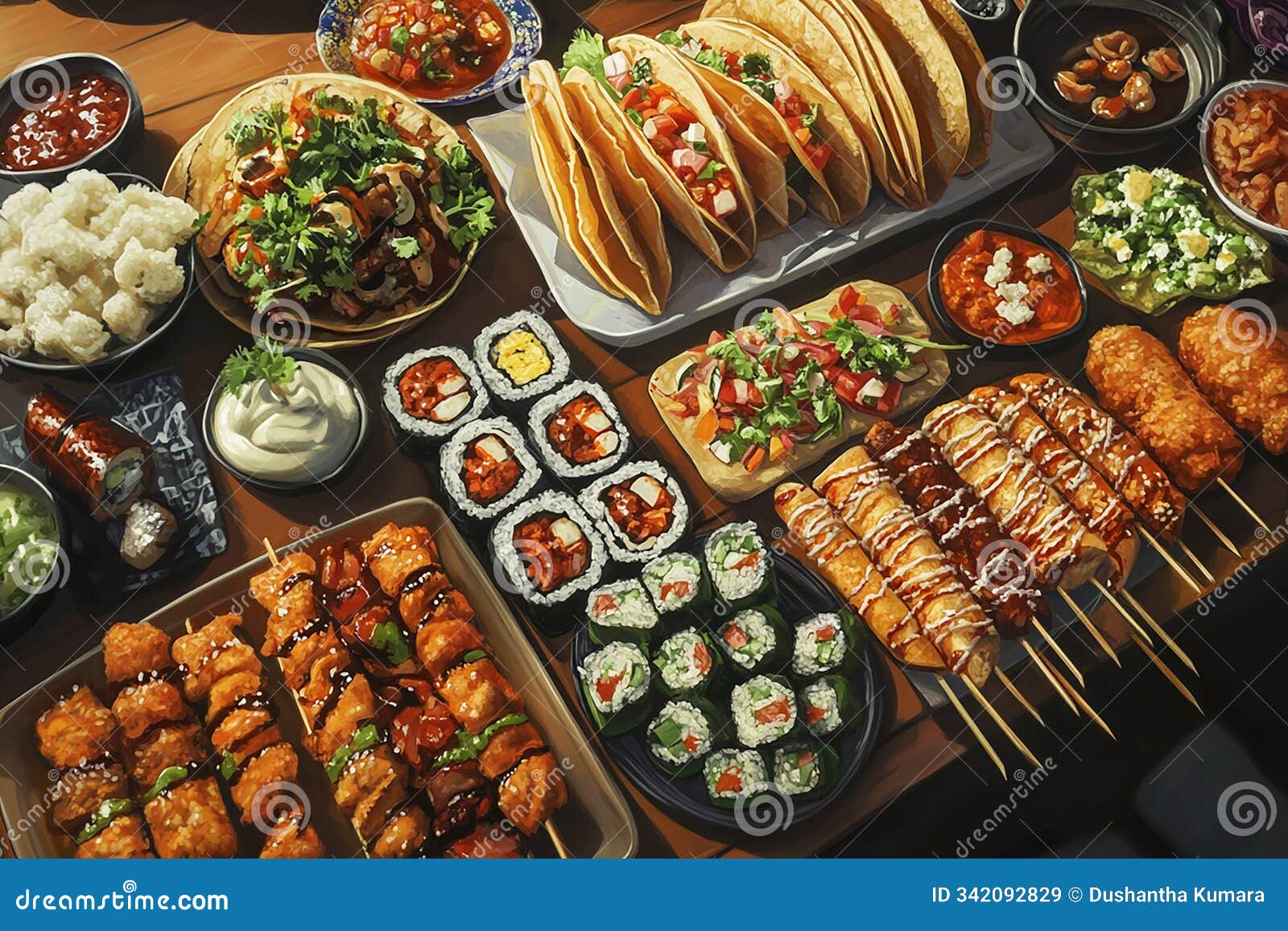 Table Full of Assorted Street Food Items Including Stock Illustration ...