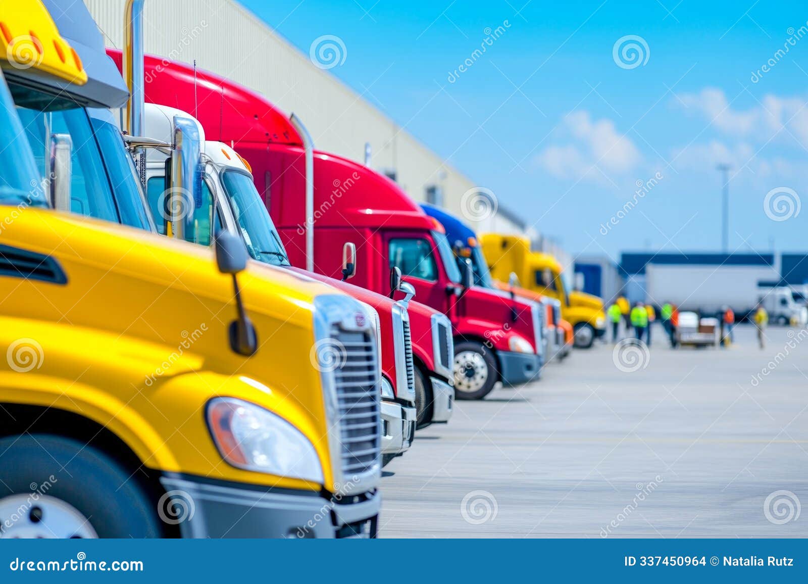 A Bustling Trucking Yard with Brightly Colored Semi-trucks Parked in a ...