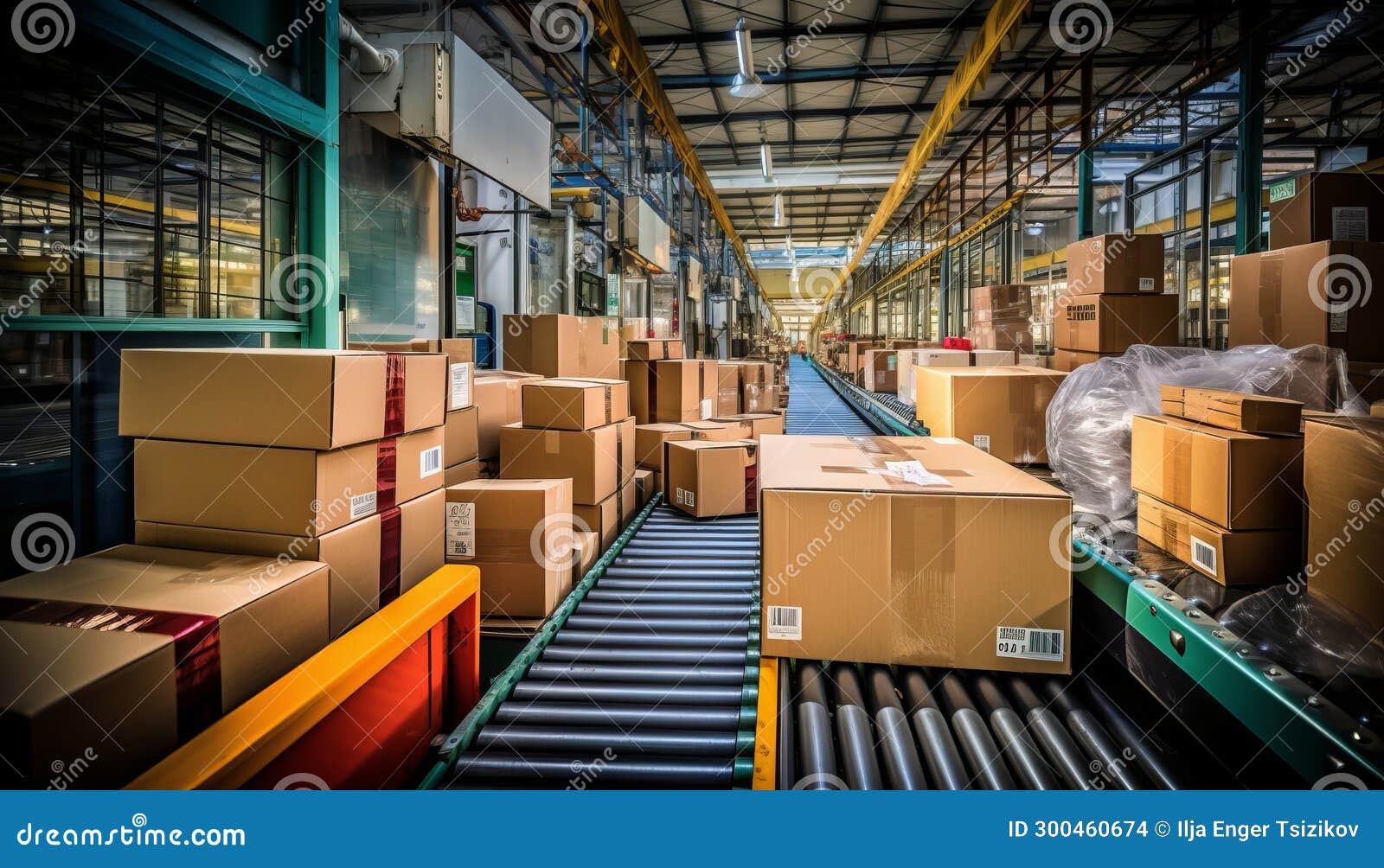 Bustling Warehouse Fulfillment Center with Seamless Flow of Packages on ...