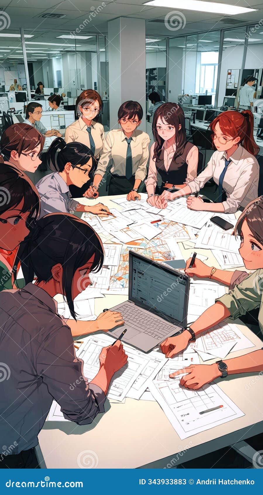 Busy Anime Office with Employees Discussing a Project at a Roundtable ...