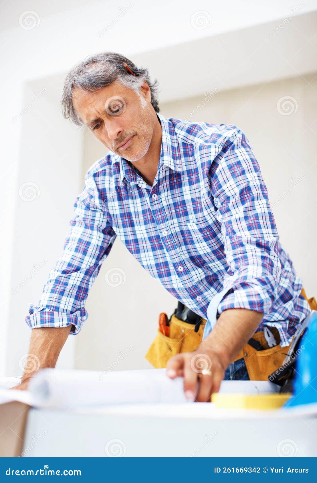 Busy Architect. Busy Mature Engineer Working on Construction Plan ...