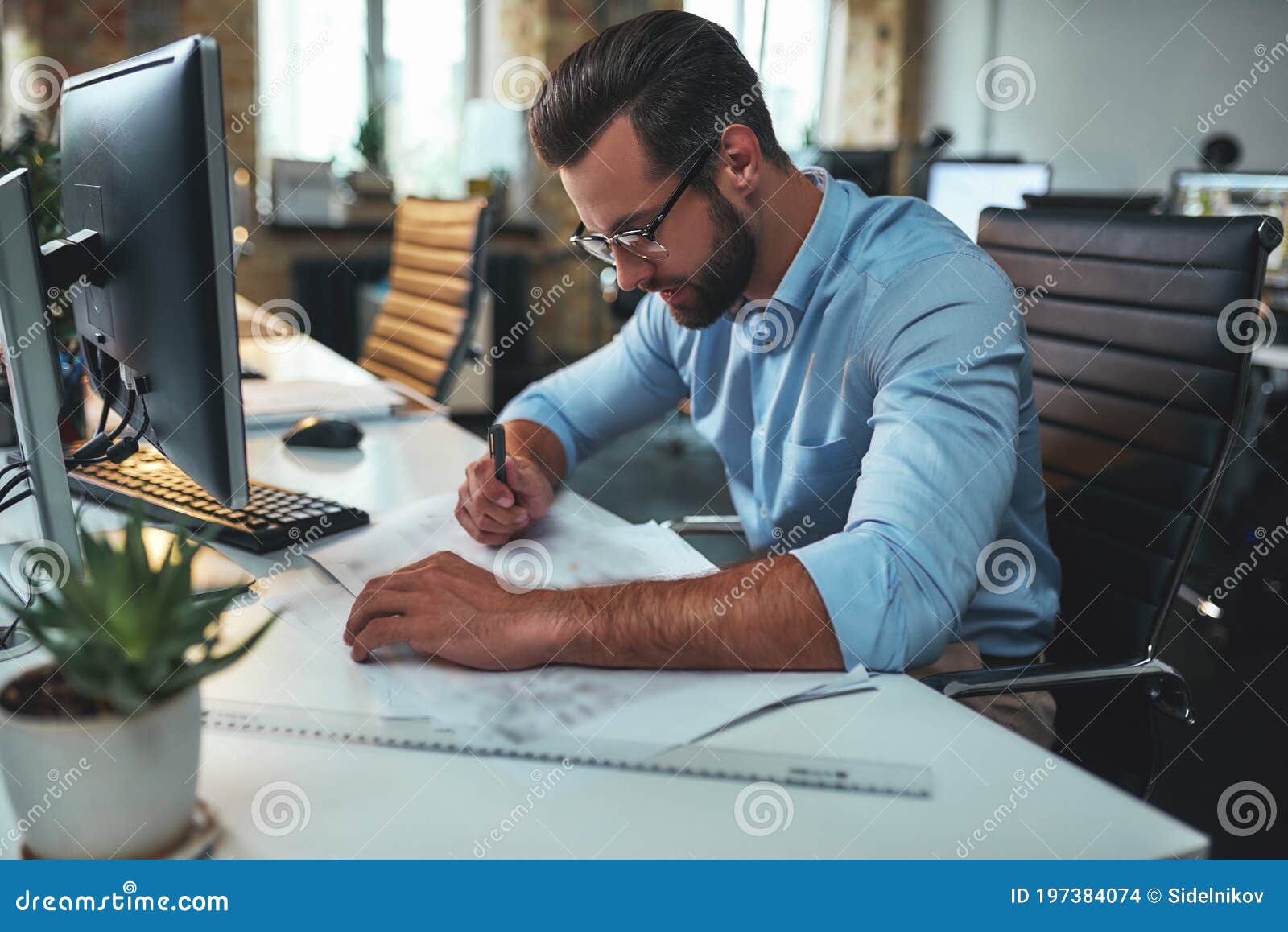 Busy Architect. Young Andsuccessfulbearded Man in Eyeglasses and Formal ... Busy Architect. Young Andsuccessfulbearded Man in Eyeglasses and Formal ...