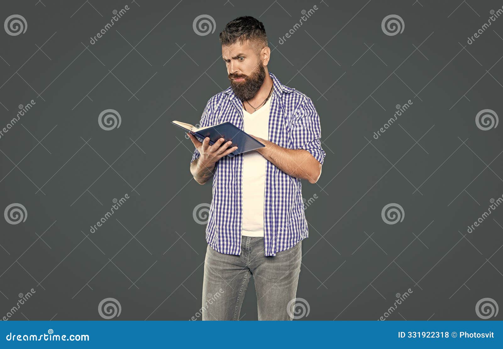 Busy Bearded Man Reading Book on Grey Background Stock Photo - Image of ...