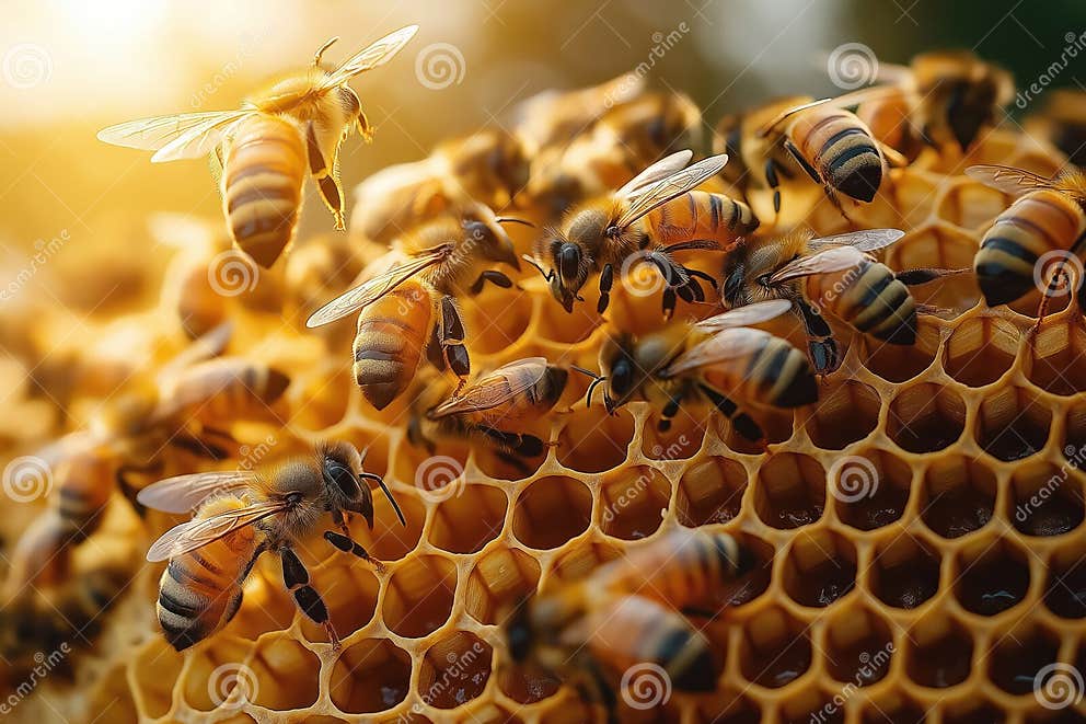 Busy Bees Work in Honeycomb. Honeybees Work Hard To Make Honey. Yellow ... Busy Bees Work in Honeycomb. Honeybees Work Hard To Make Honey. Yellow ...