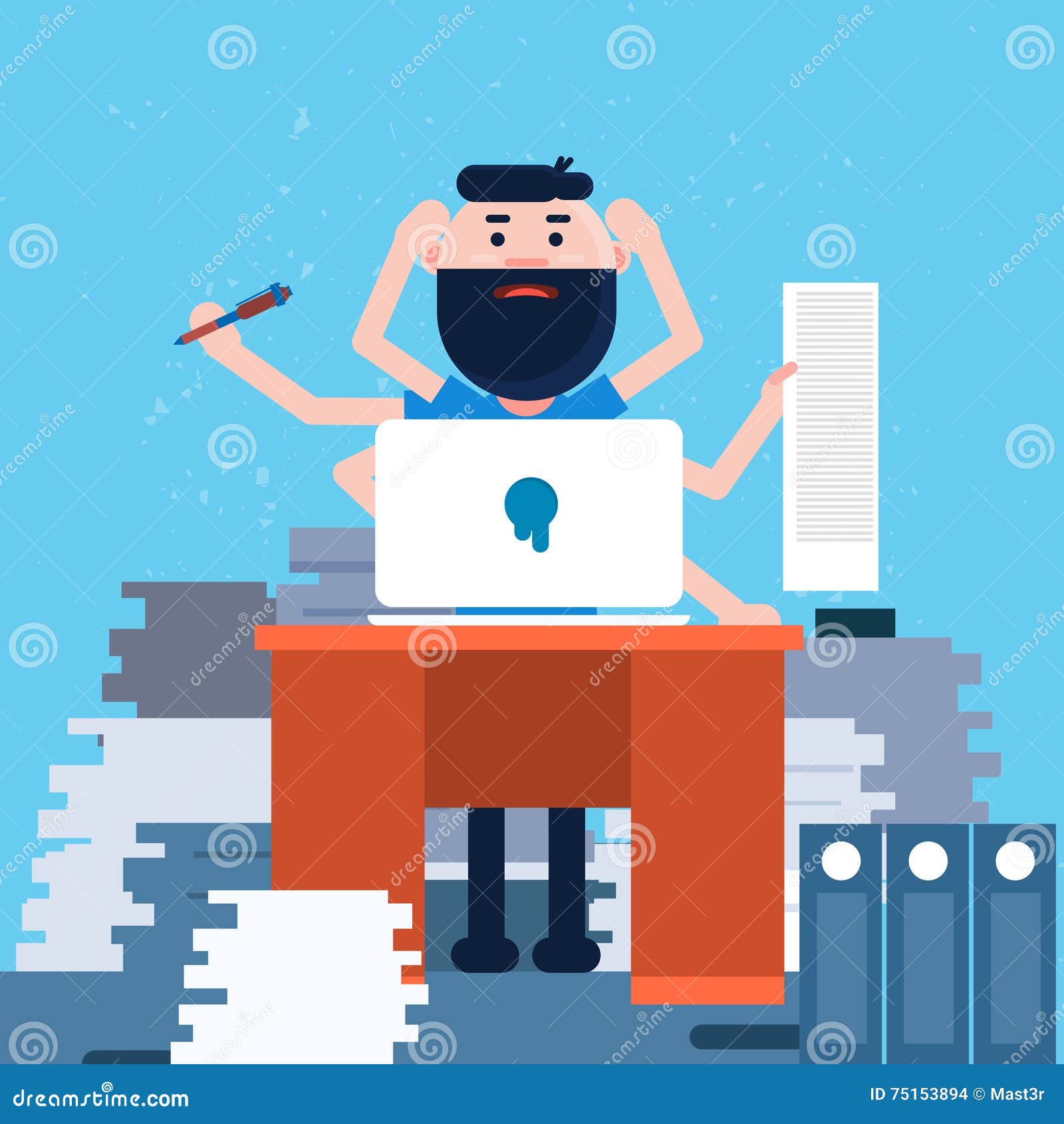 Busy Business Man with Many Hands Working Office Desktop Stock Vector ...