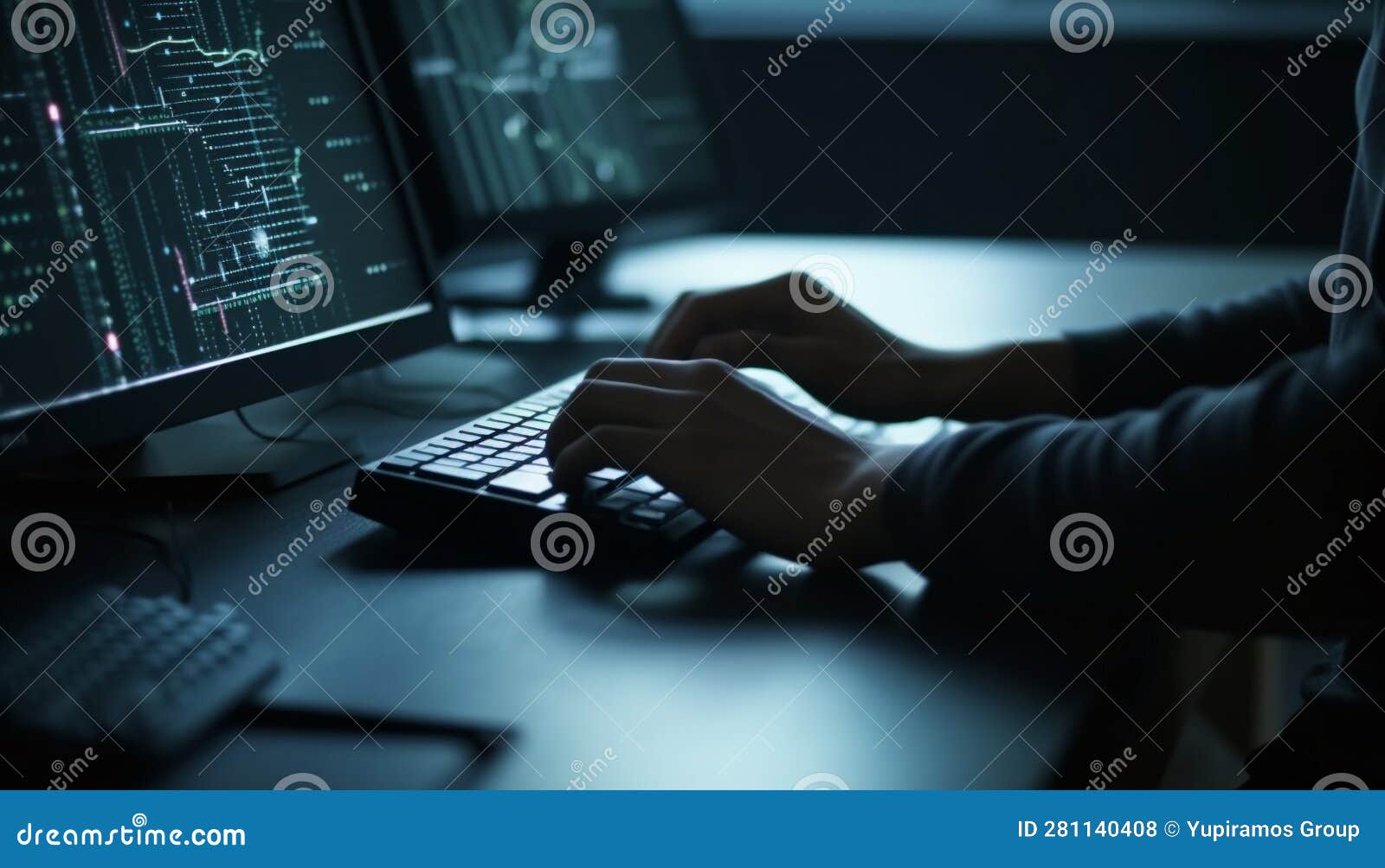Busy Business Person Typing on Computer Keyboard in Office at Night ...