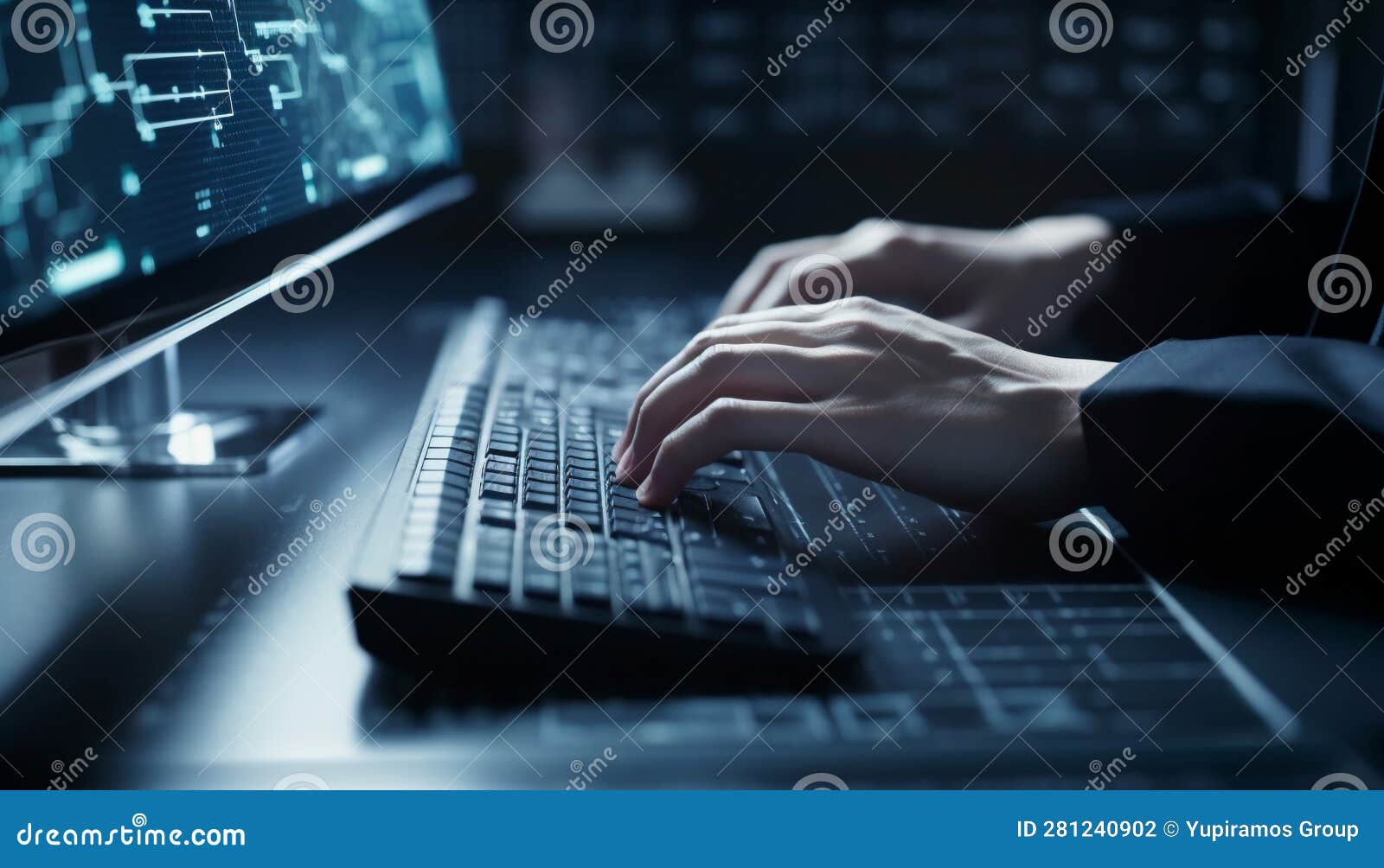 Busy Businessman Typing on Computer Keyboard in Office at Night ...