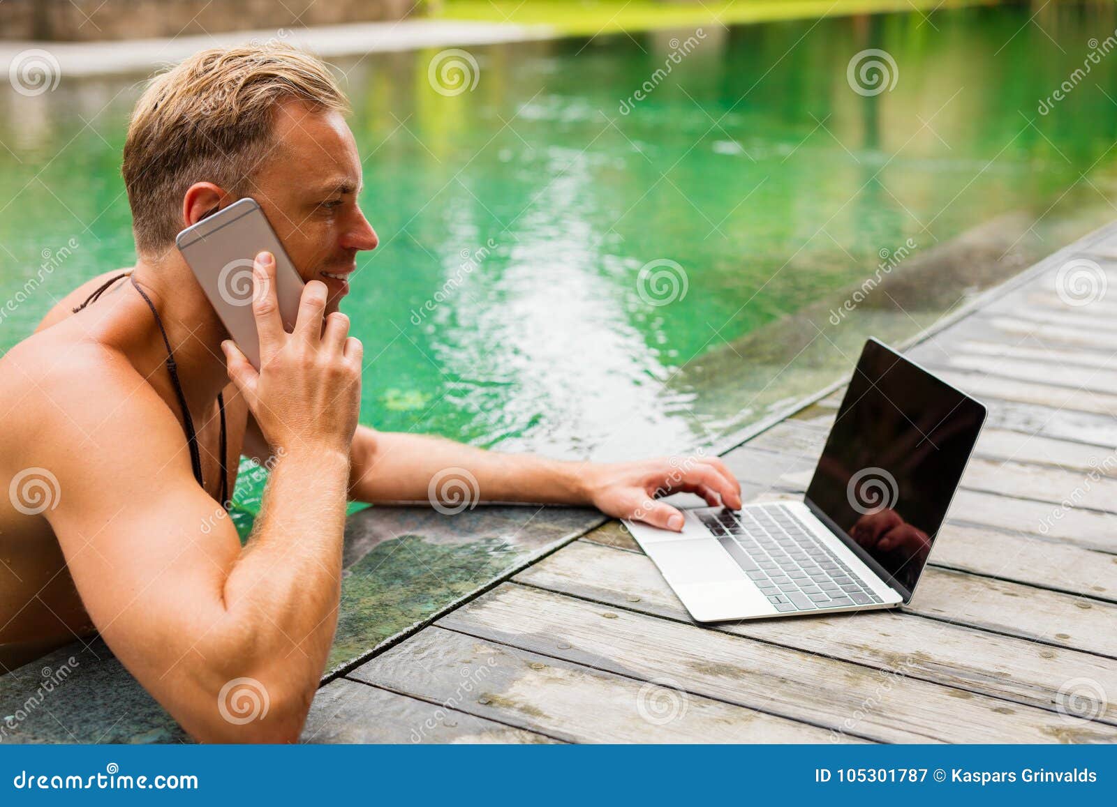 Businessman Working in the Pool Stock Image - Image of hotel, exotic ...