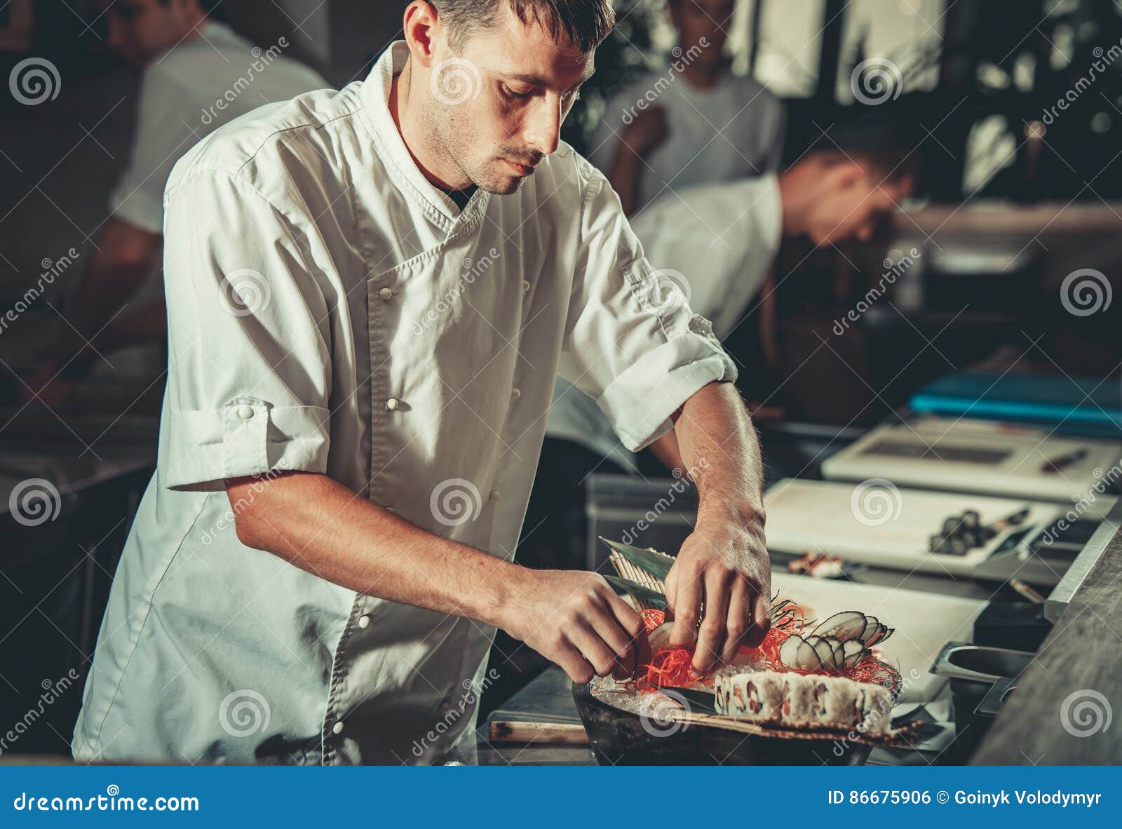 Busy Chef at Work in the Restaurant Kitchen Stock Photo - Image of ...