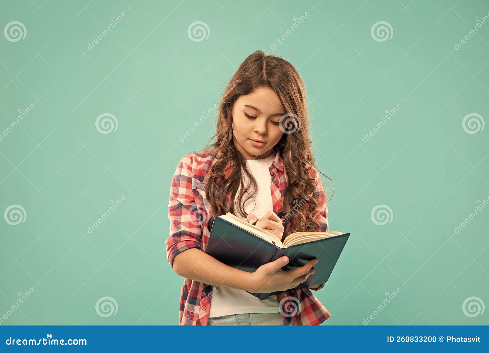 Busy Child Making Notes on Blue Background, Knowledge Stock Photo ...