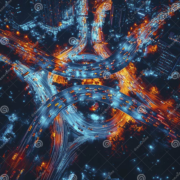 A Busy City Intersection at Night, with the Dynamic Movement of ...