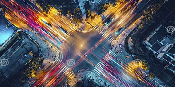 A Busy City Intersection at Night, with the Dynamic Movement of ...