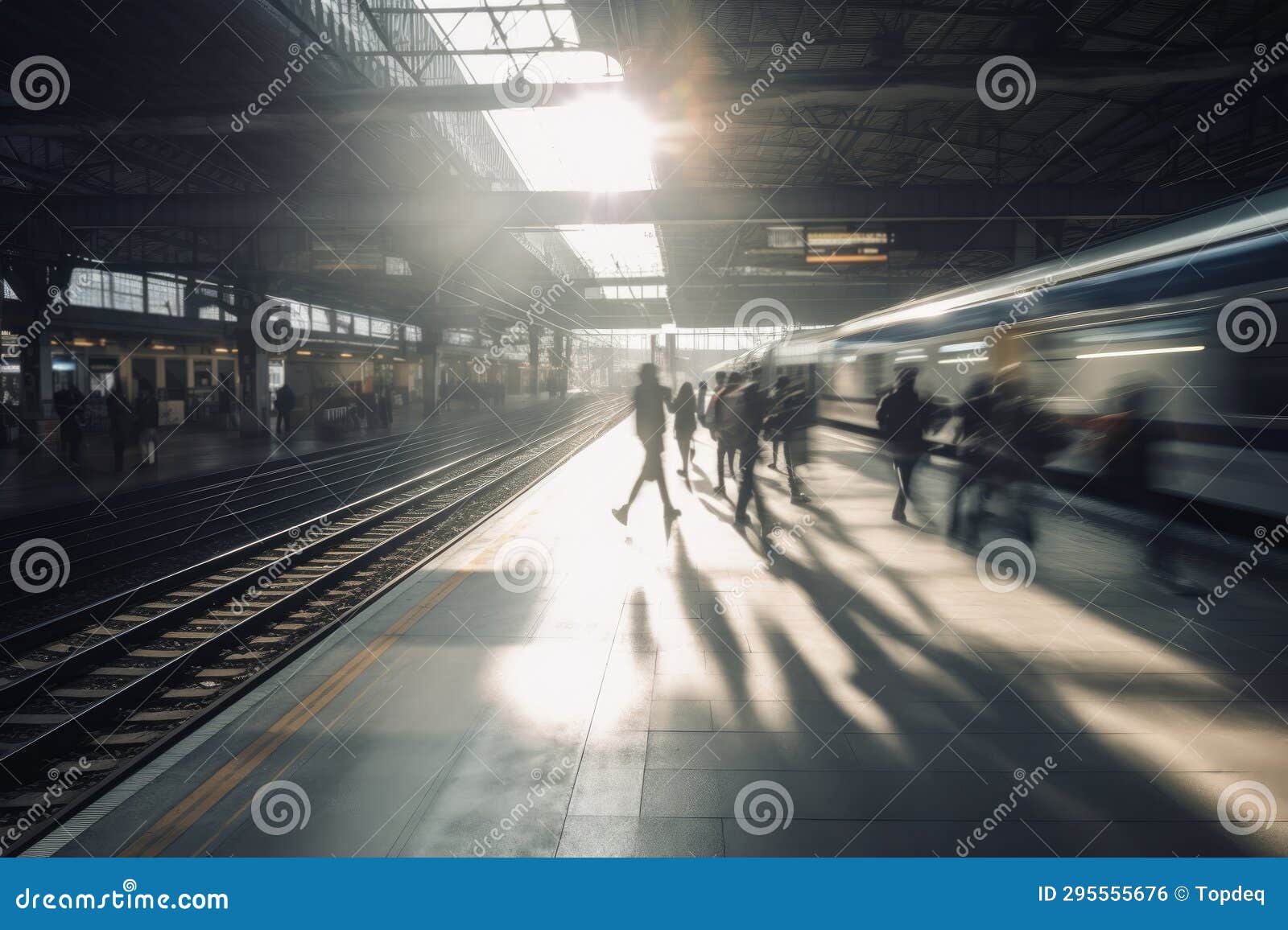Busy Commuters Navigating through a Sunlit Railway Station Stock ...