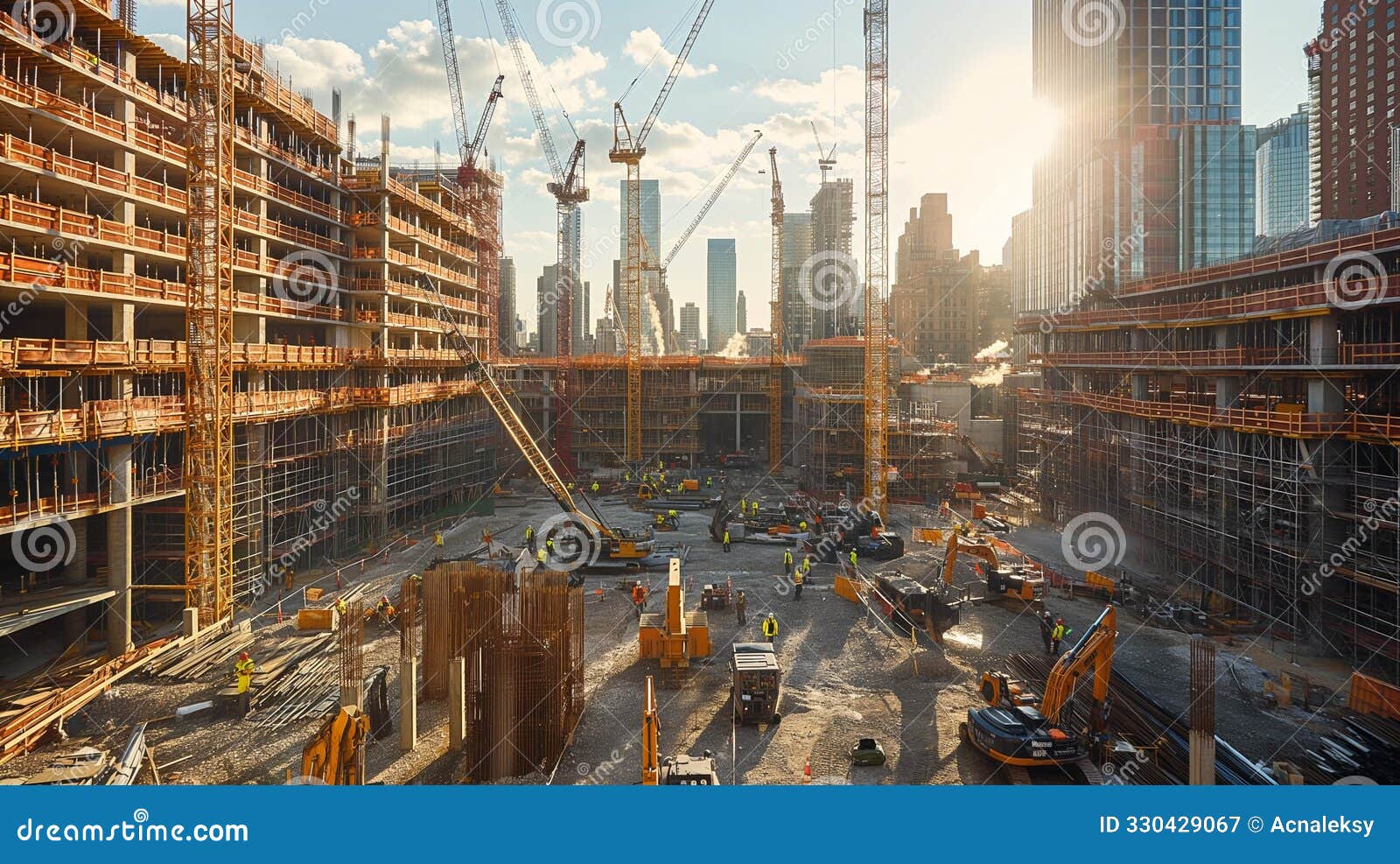 Busy Construction Site with Cranes Lifting Materials and Workers Stock ...