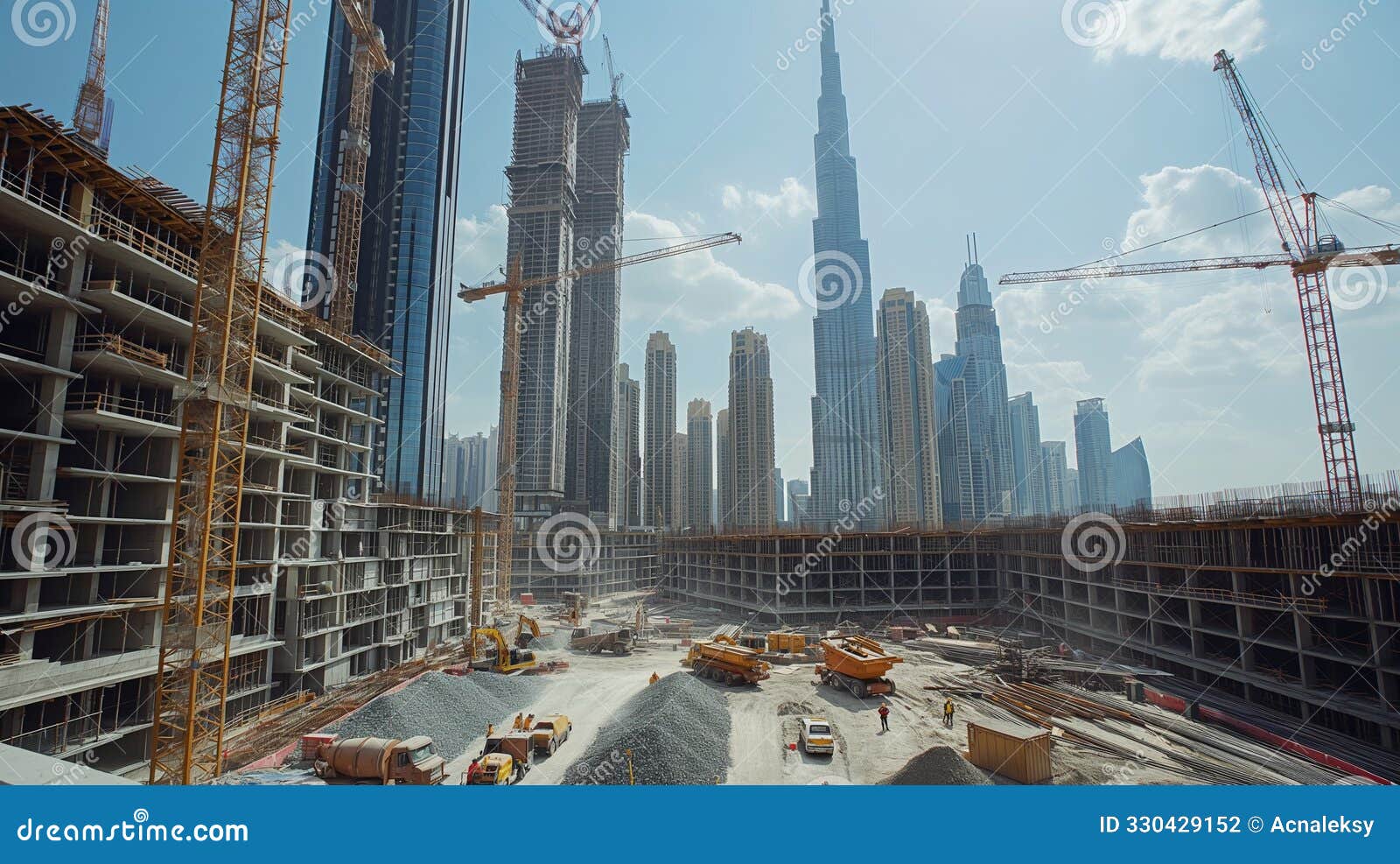 Busy Construction Site with Cranes Lifting Materials and Workers Stock ...