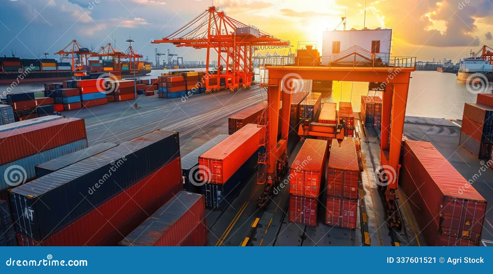 Busy Container Terminal With Gantry Cranes Loading And Unloading Cargo ...