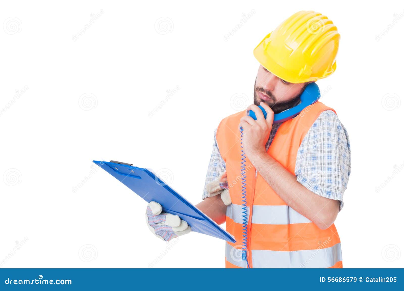 Busy Contractor Using Phone while Holding Clipboard Stock Image - Image ...