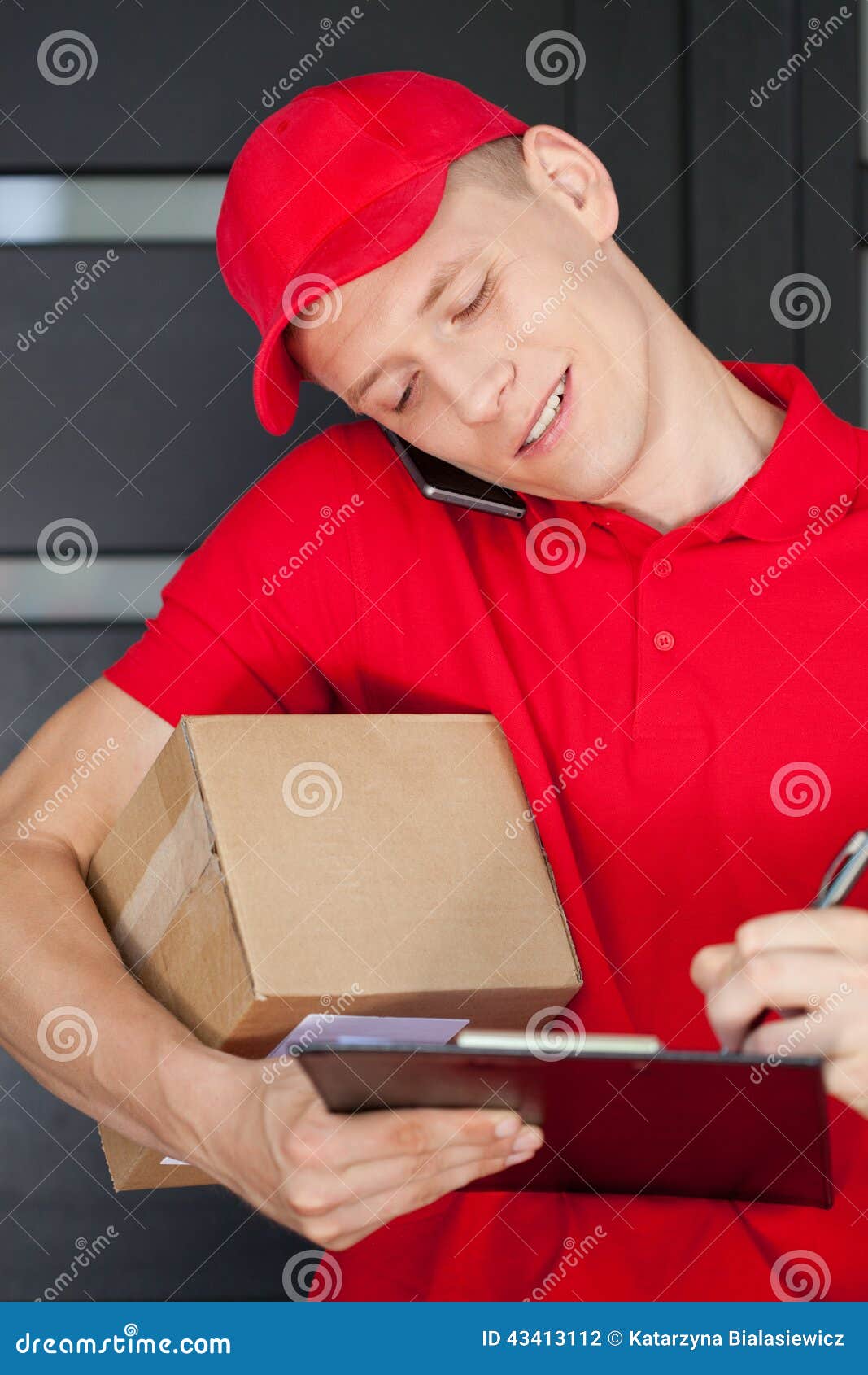 Busy Courier Calling on Mobile Phone Stock Photo - Image of house ...