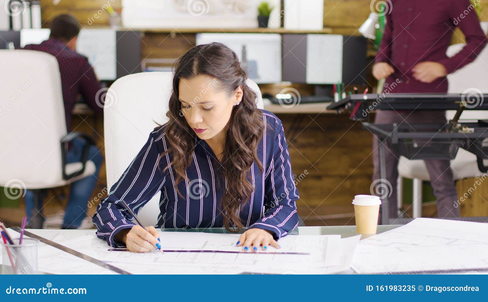 Busy Creative Designer Working on Blue Prints Stock Image - Image of ...