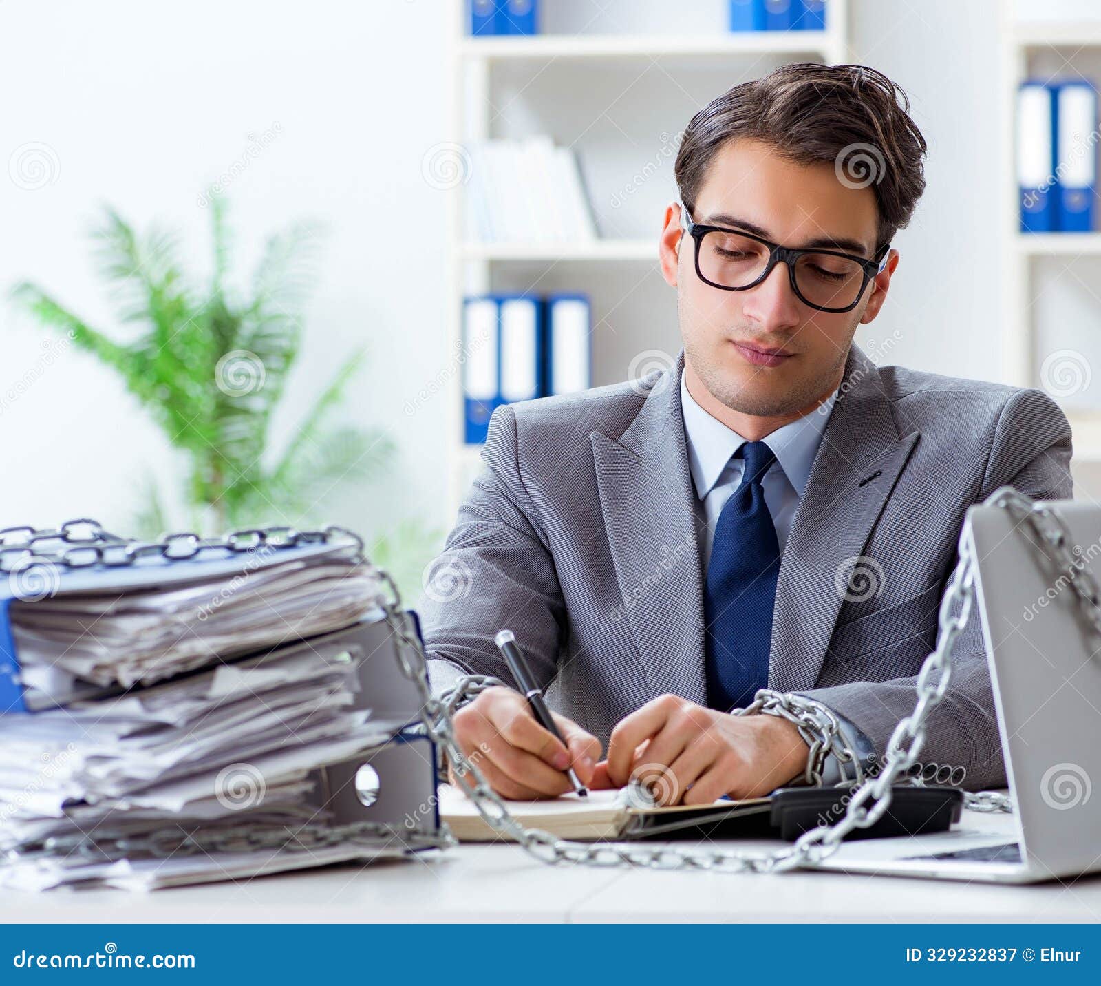 Busy Employee Chained To His Office Desk Stock Image - Image of handcuffs, mess: 329232837
