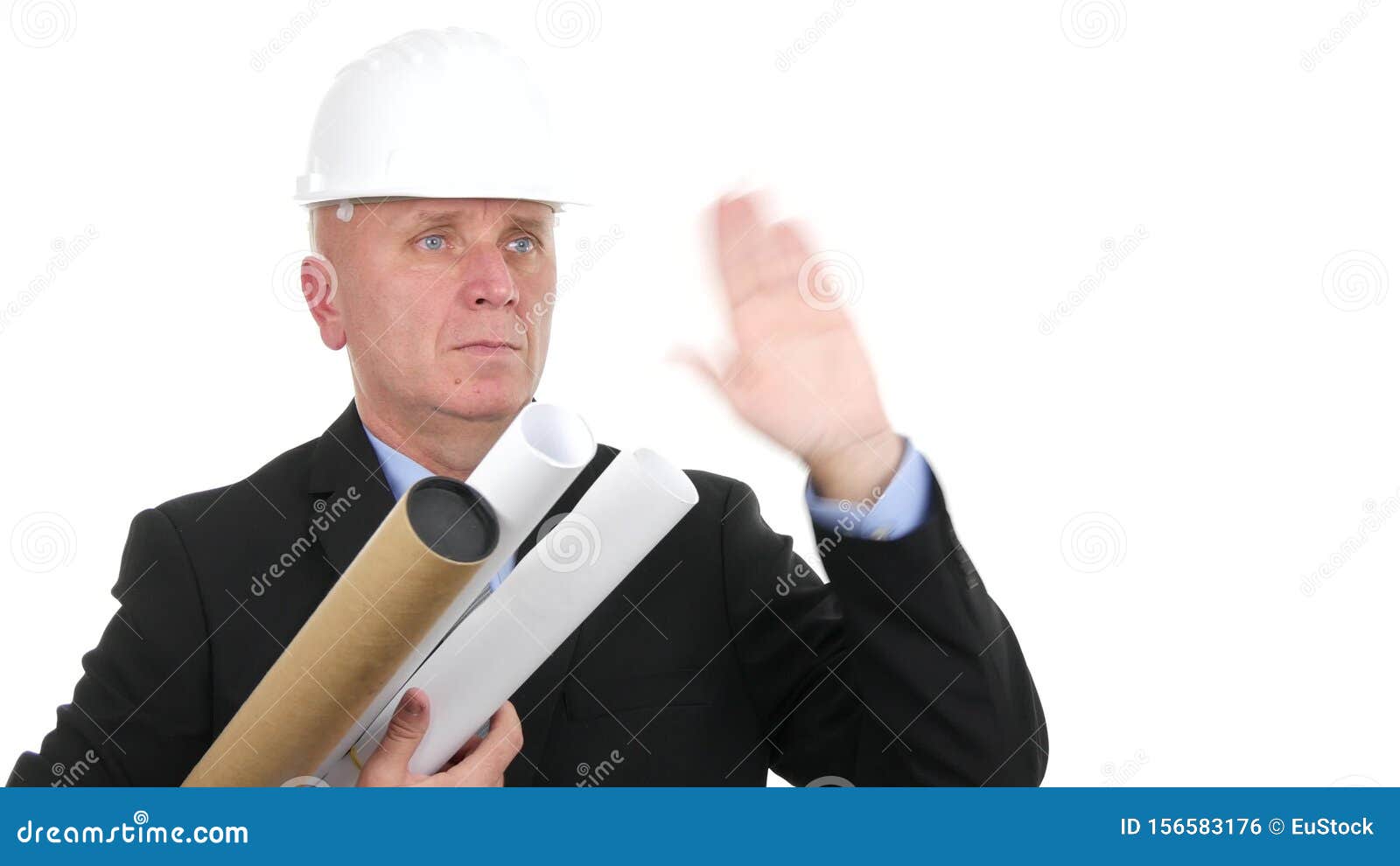 Busy Engineer Image with Plans and Projects in Hand Salute with a Hand ...