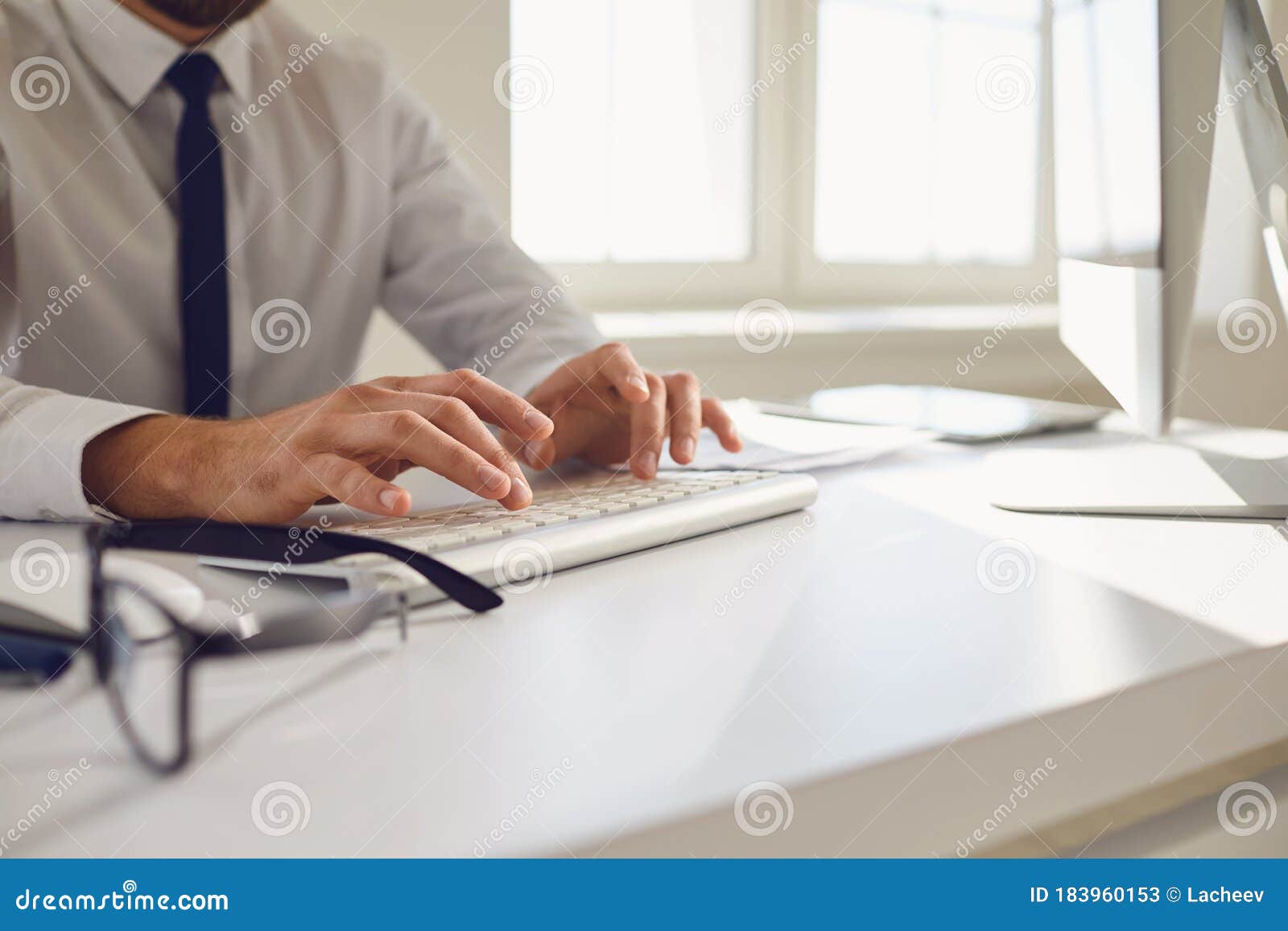 Work Online. Busy Faceless Worker is Typing at Workplace Using Computer ...
