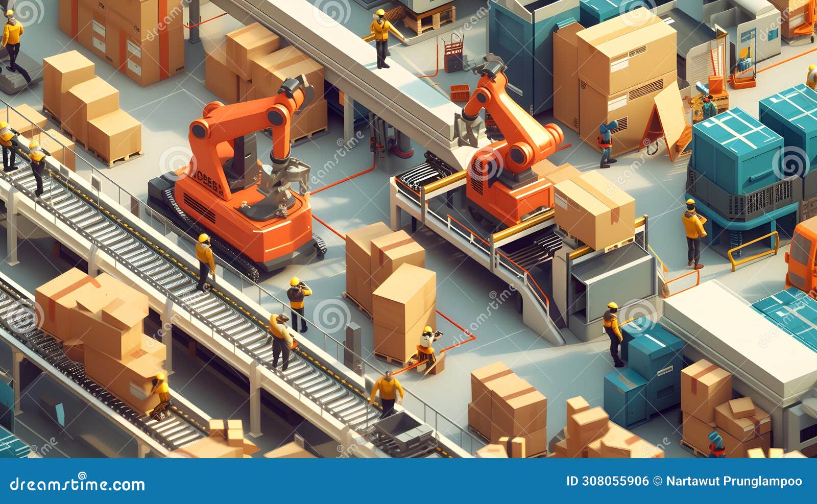 A Busy Factory with Workers and Robots Working Together To Assemble ...