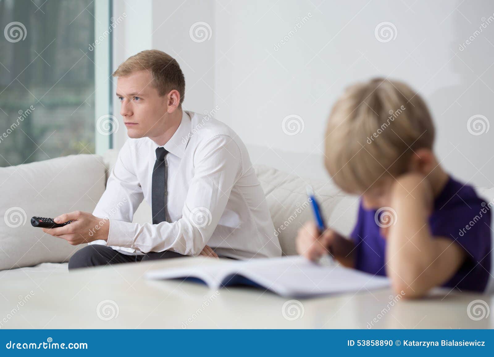 Busy Father and Bored Child Stock Photo - Image of child, worry: 53858890