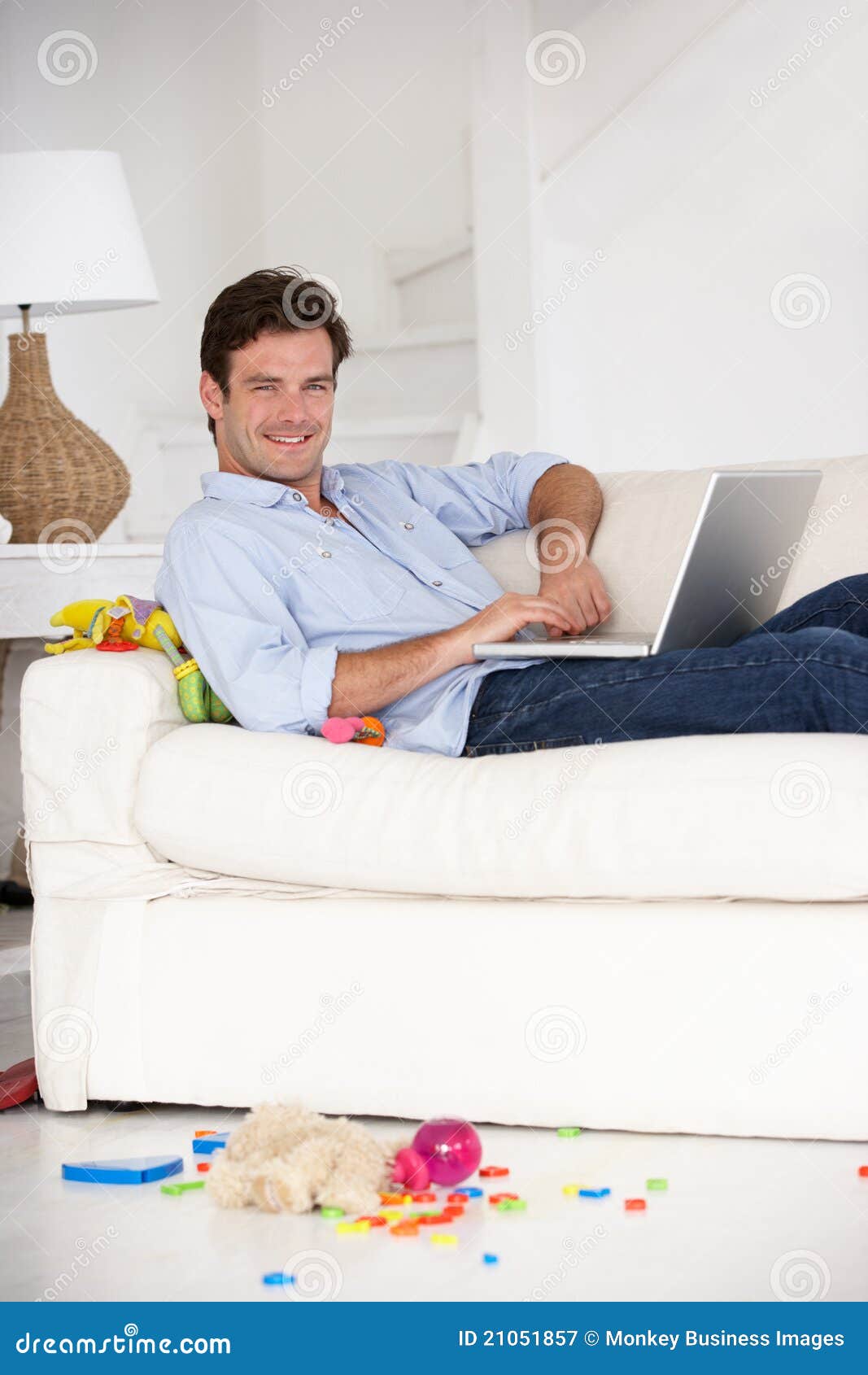 Busy Father Working at Home on Laptop Stock Image - Image of person ...
