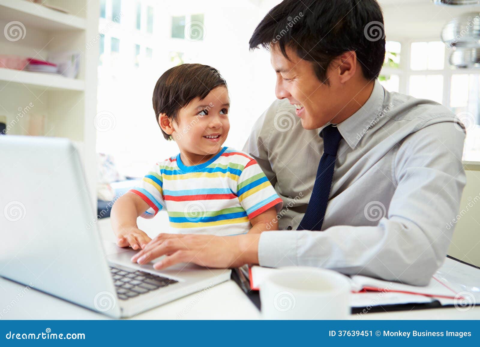 Busy Father Working from Home with Son Stock Image - Image of home ...