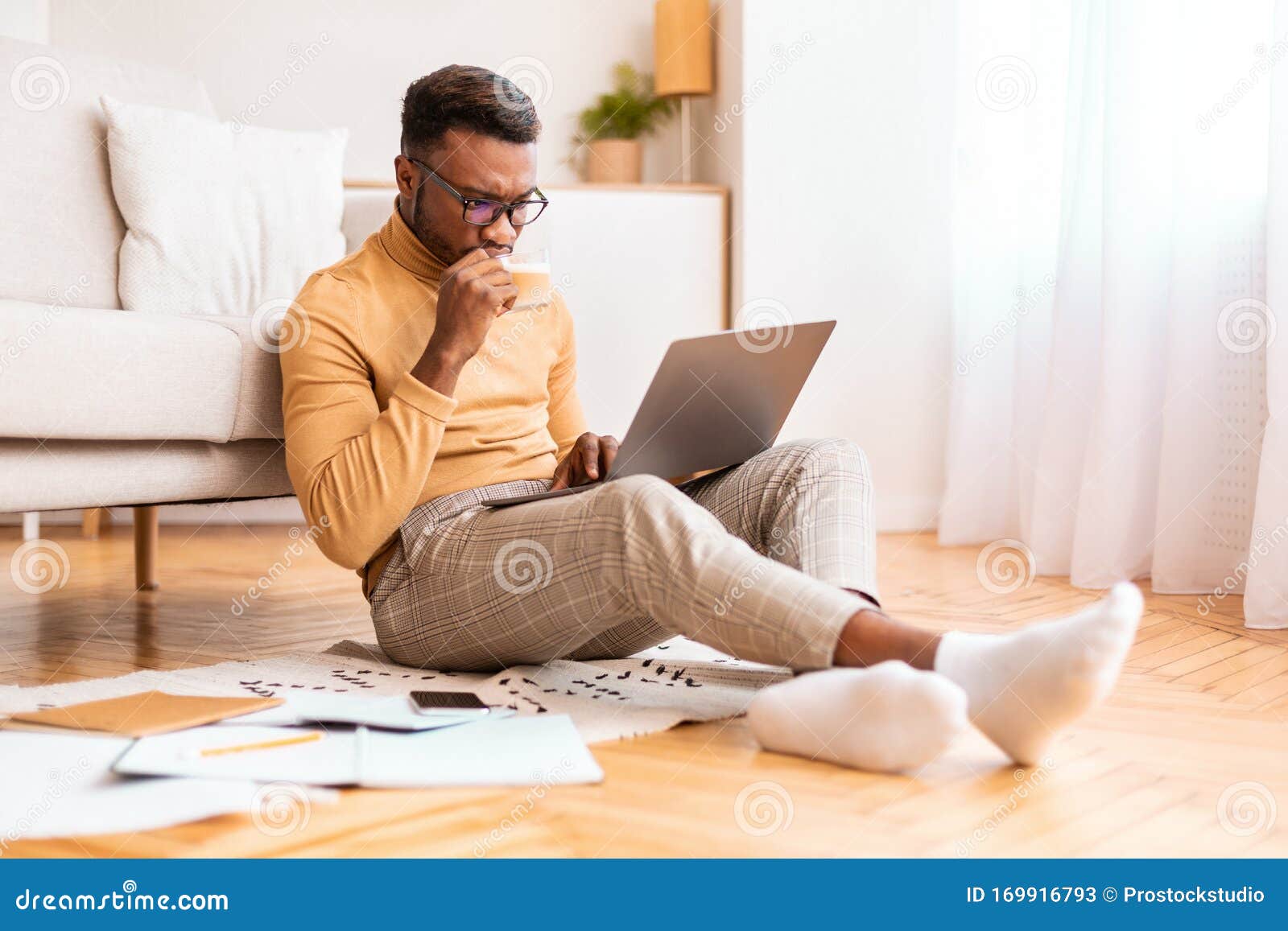 Busy Freelancer Guy Using Laptop Working Sitting on Floor Indoor Stock ...