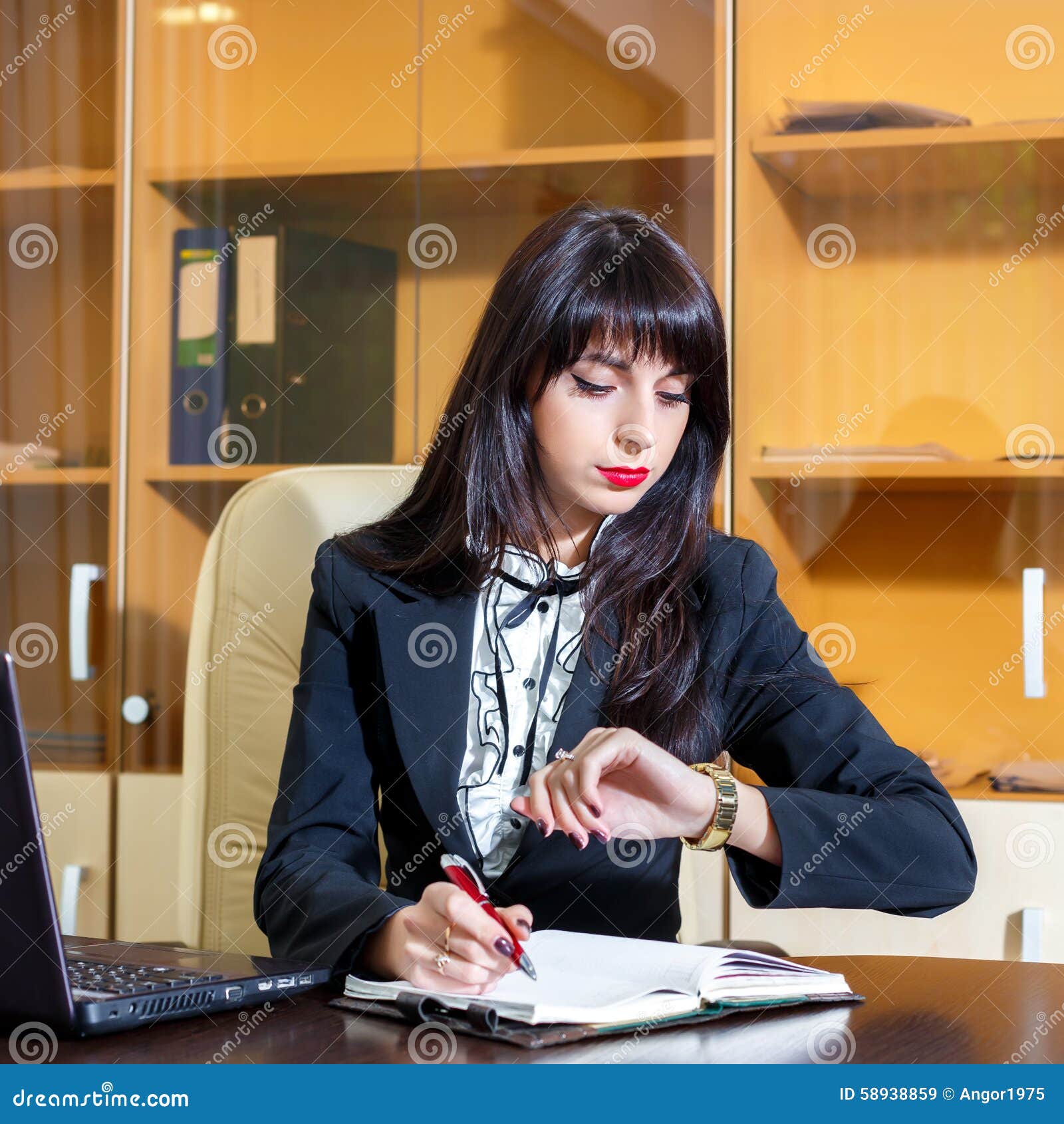 Busy Girl Working in Office and Looking at His Watch Stock Image ...