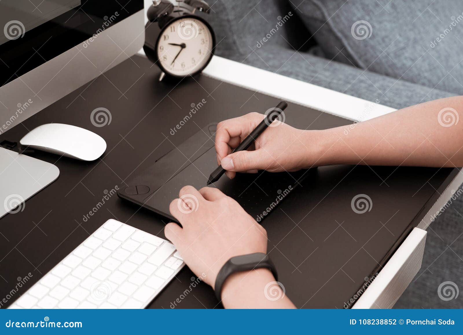 The Busy Graphic Designer Working on Computer by Digital Pen Mouse, B&W ...