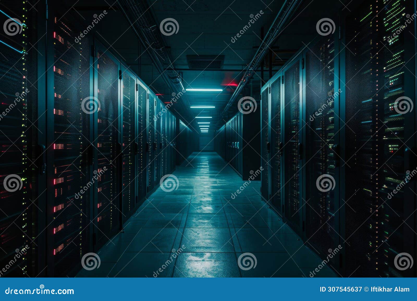 A Busy, High-tech Data Center Hallway Filled with Rows of Servers, a ...