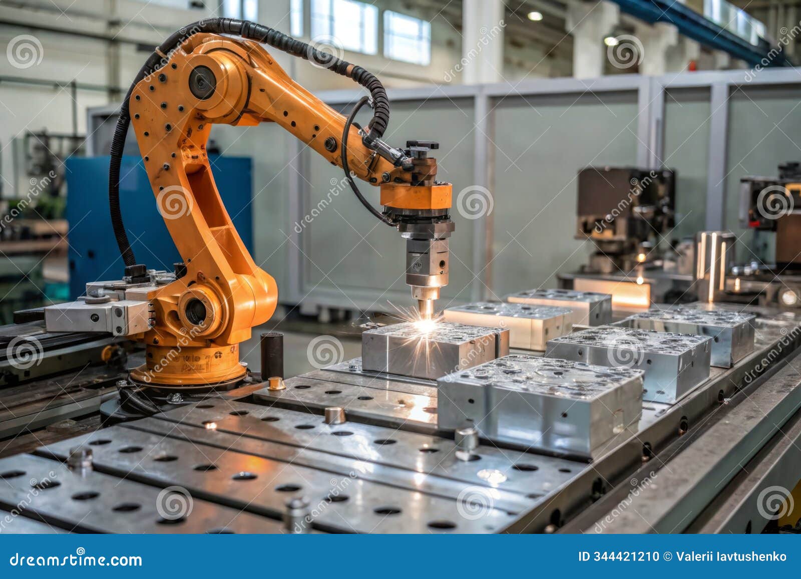 A Robotic Arm Using Laser Technology To Cut Metal Blocks in a Modern ...