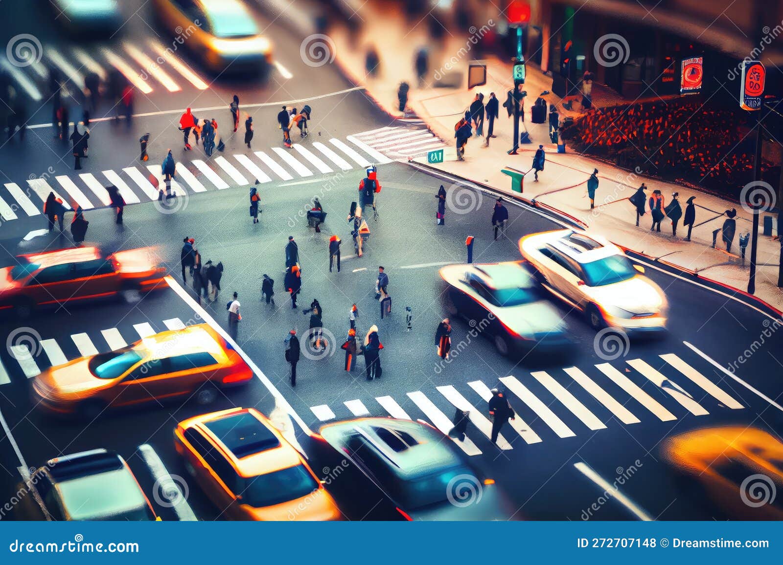 Busy Intersection with Blur of Passing Traffic, People, and Signs Stock ...